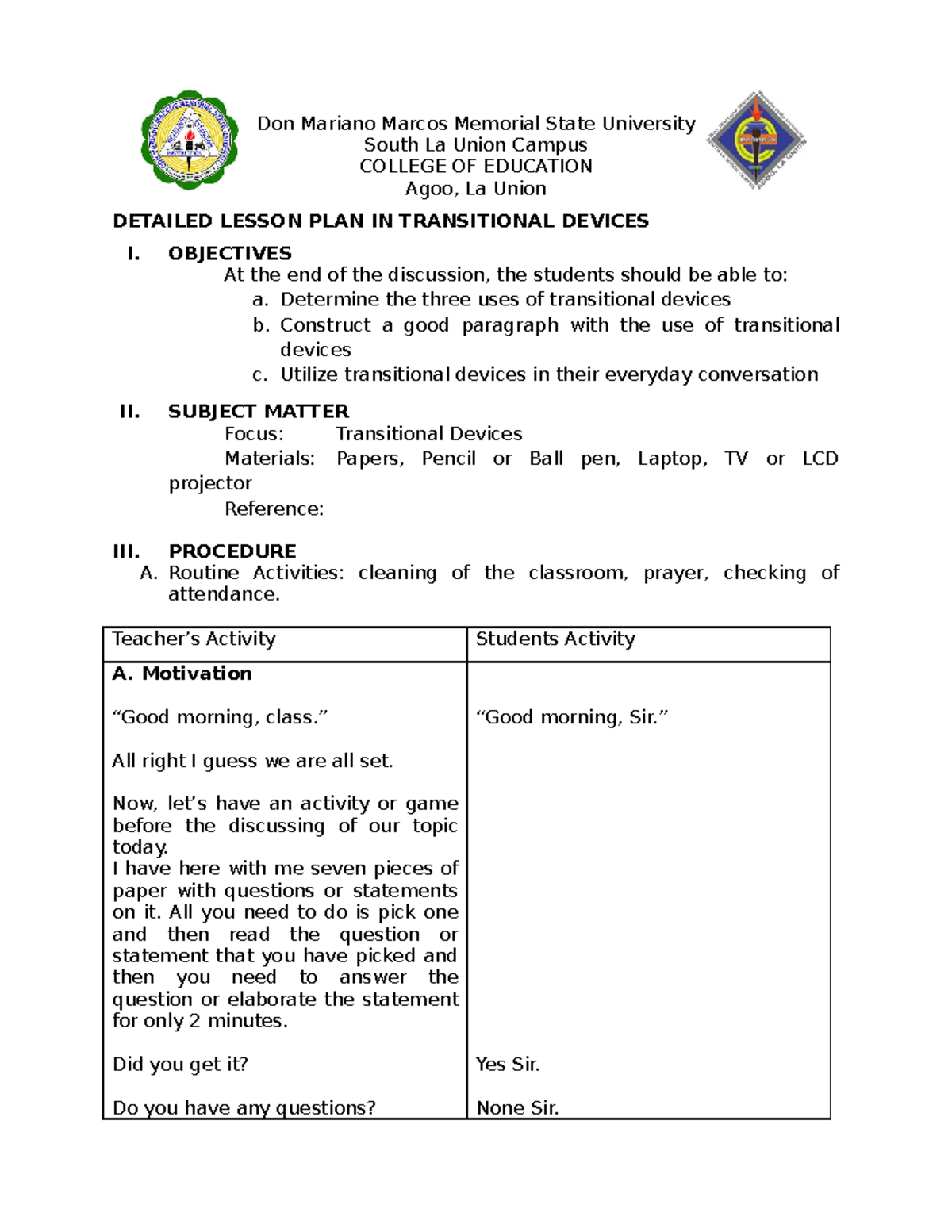 Detailed Lesson Plan on Transitional Devices (EDU 101) - Studocu