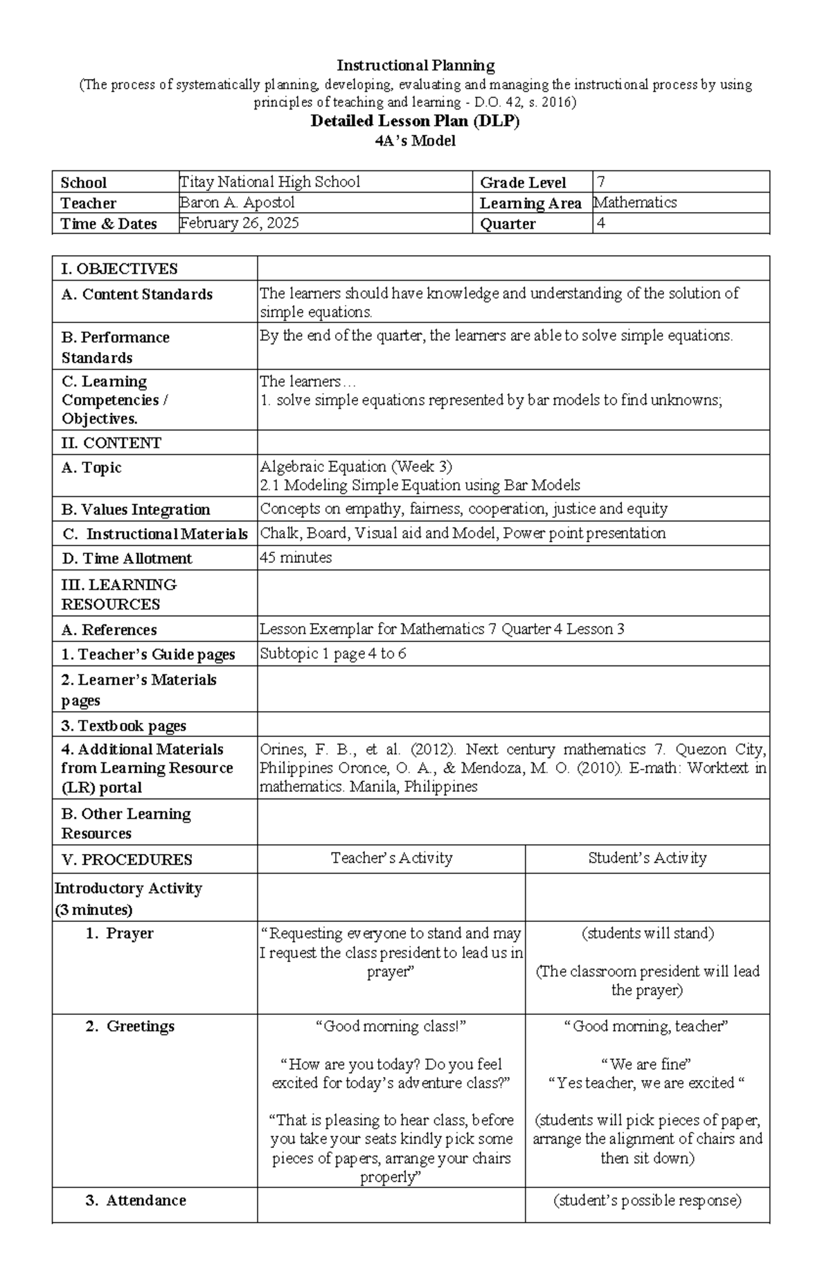 Detailed Lesson Plan (DLP) for Math 7: Solving Simple Equations - Studocu