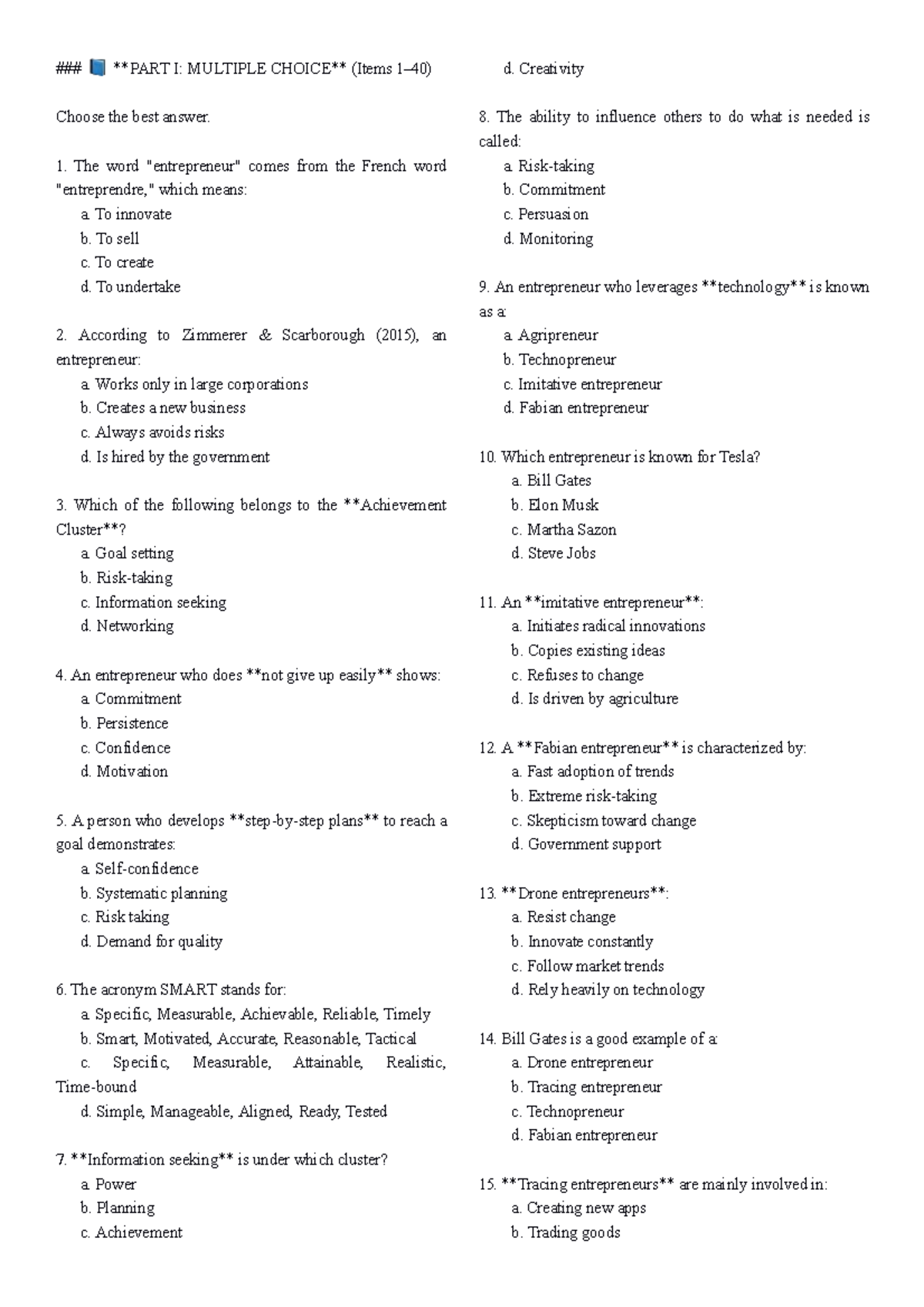 Quarter 1 TLE 10 Mock Test: Entrepreneurial Concepts & SWOT Analysis ...