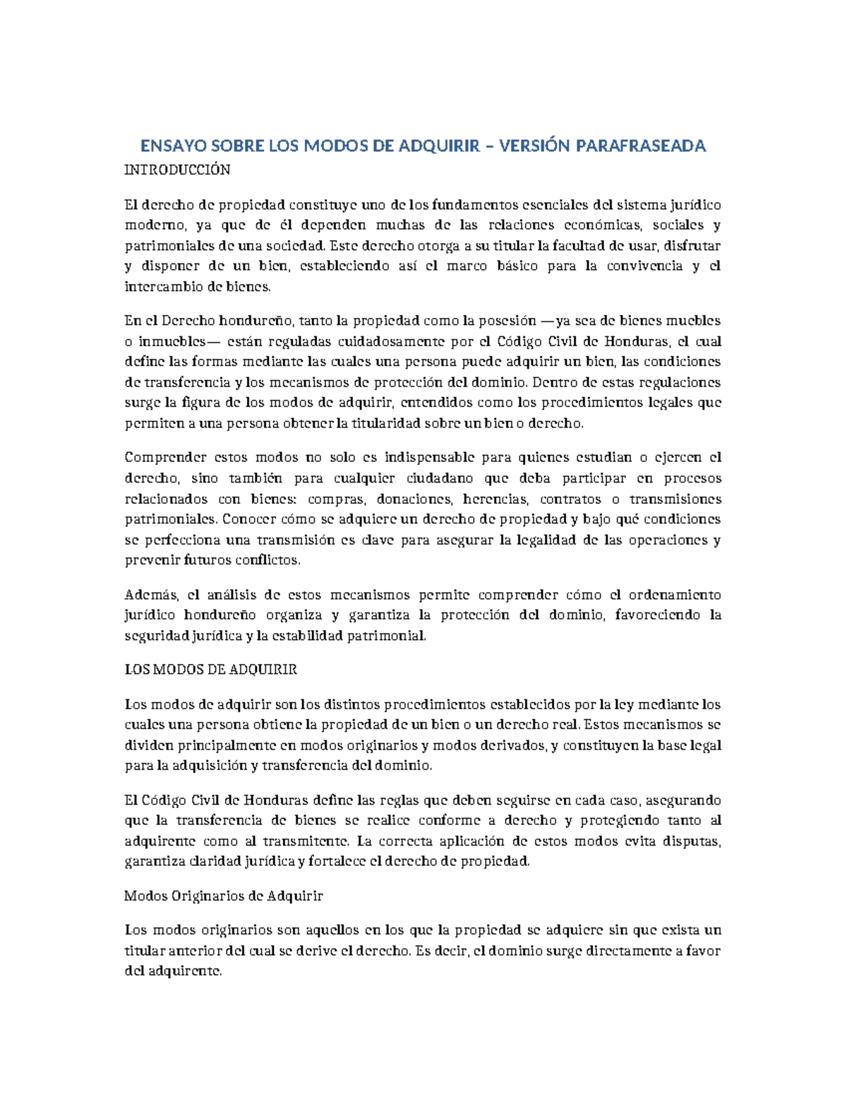 ENSAYO SOBRE LOS MODOS DE ADQUIRIR EN EL DERECHO HONDUREÑO - Studocu