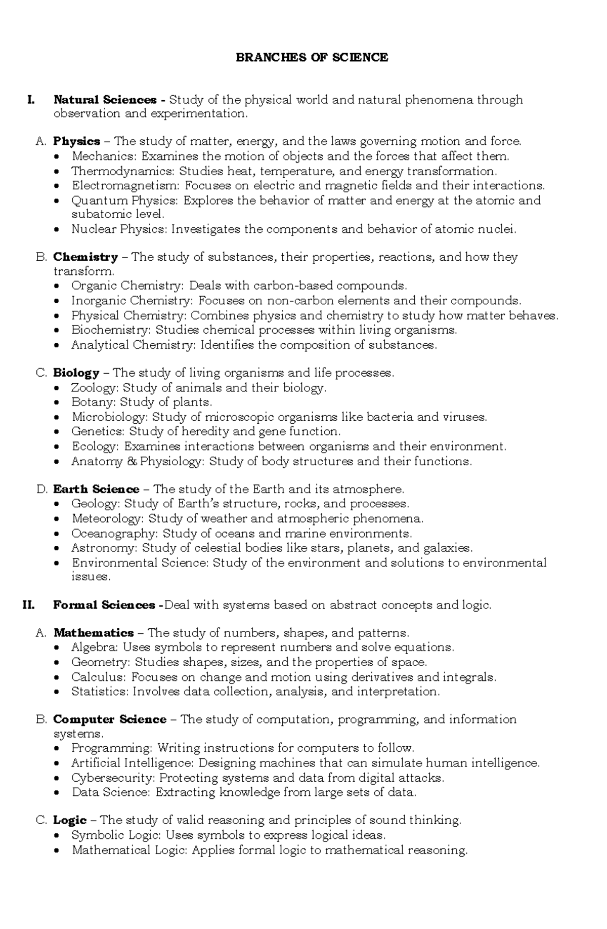 Branches of Science I: Overview of Natural & Formal Sciences - Studocu