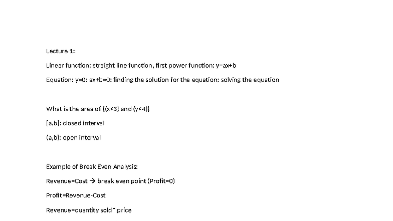 Lecture 1: Linear Functions & Break Even Analysis (MATH101) - Studocu