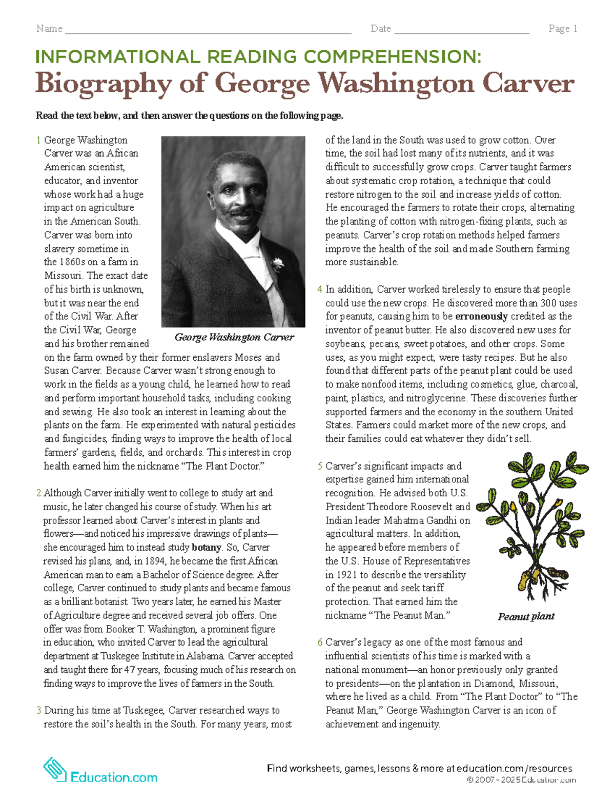 INFORMATIONAL READING COMPREHENSION: Biography of George Washington ...