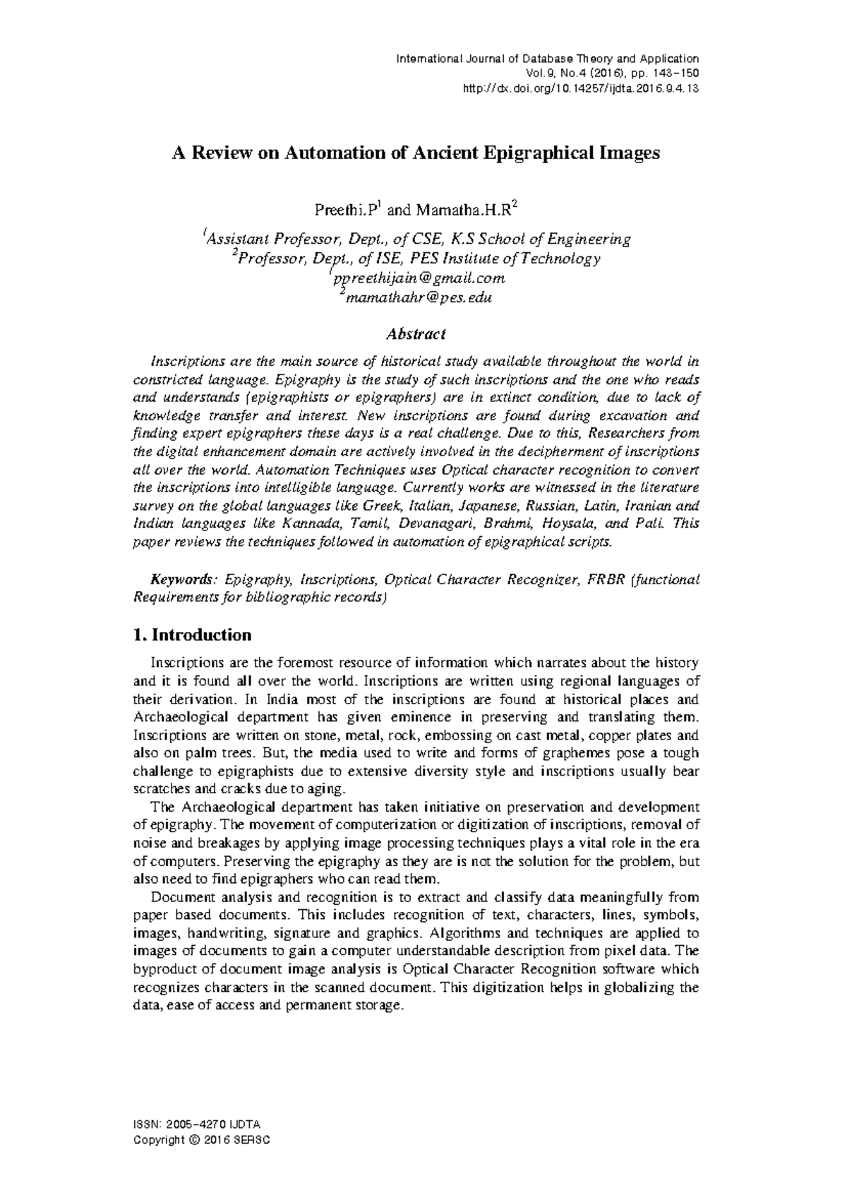 A Review on Automation of Ancient Epigraphical Images - IJDTA Vol.9 No ...