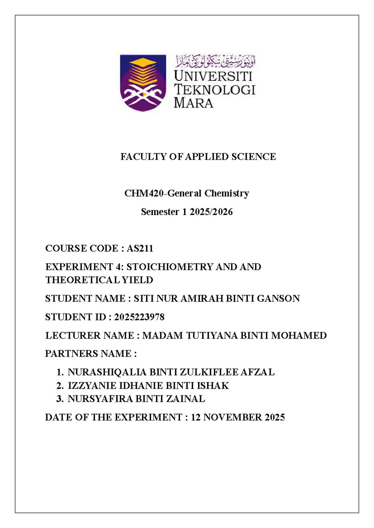 LAB Report AS211: Stoichiometry & Theoretical Yield Analysis - Studocu