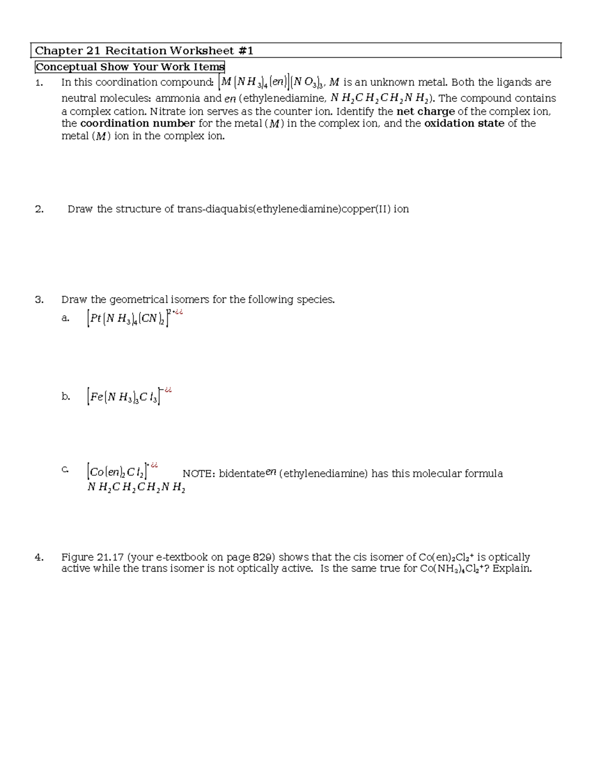 16-CHEM112 Week 16 Chapter 21 Recitation Worksheet on Coordination ...