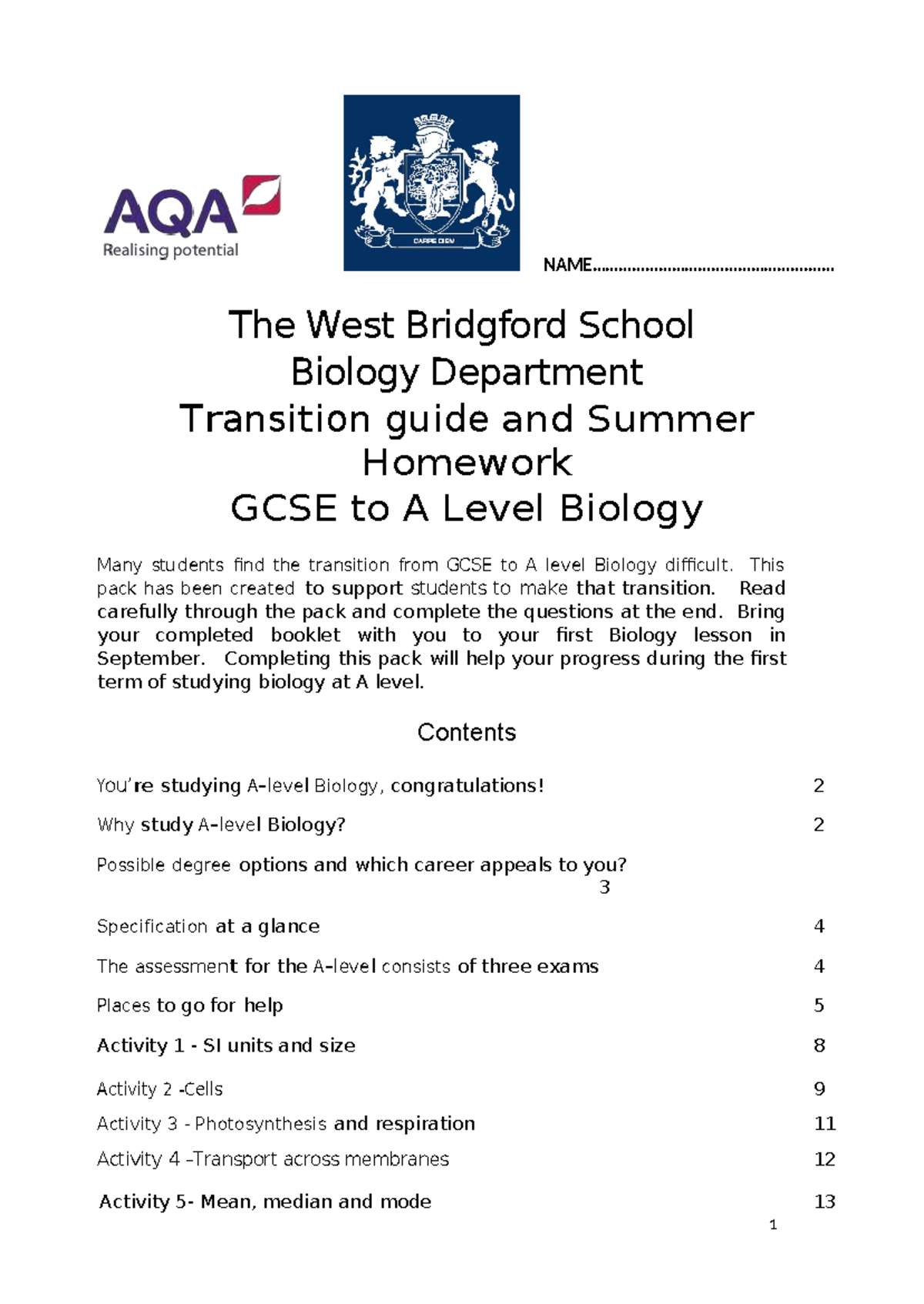 GCSE to A Level Biology Transition Guide & Summer Homework - Studocu