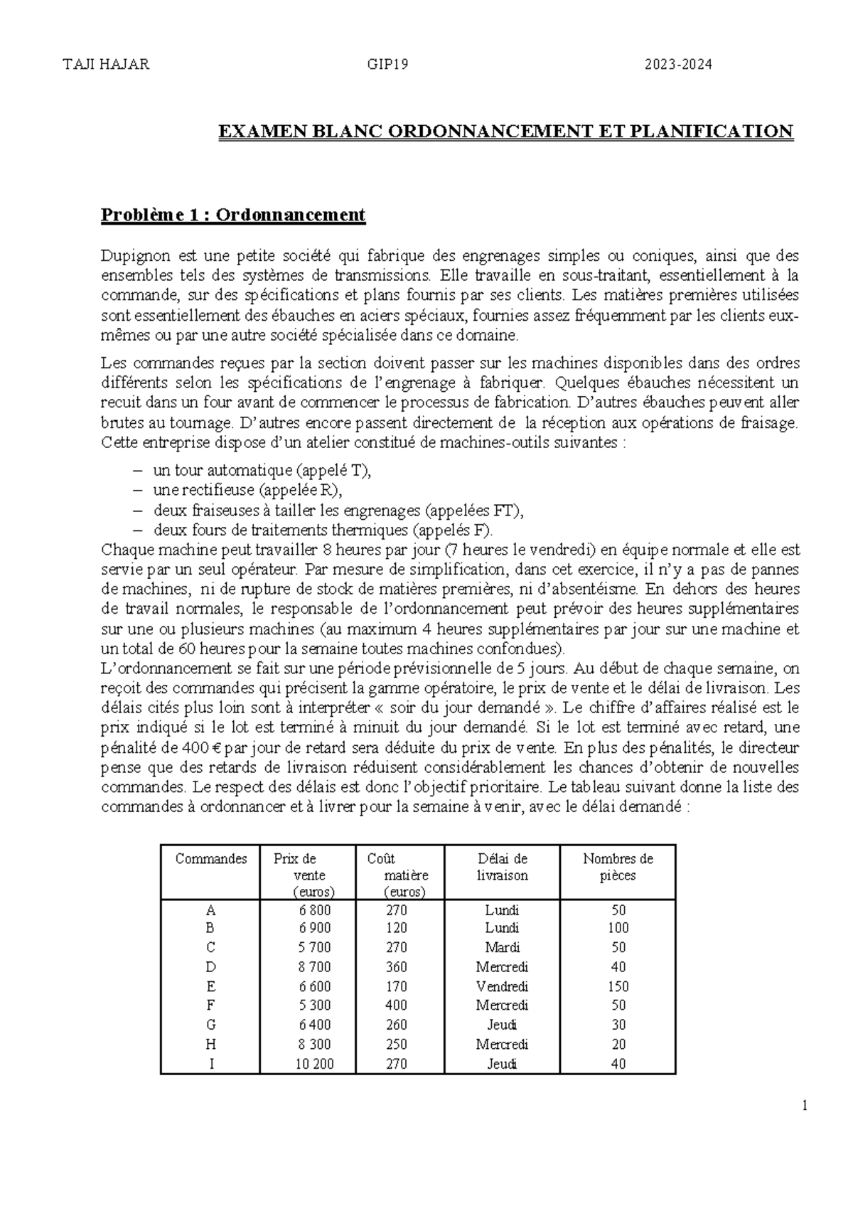 Examen Blanc : Ordonnancement et Planification 2024 - vfbb - Studocu
