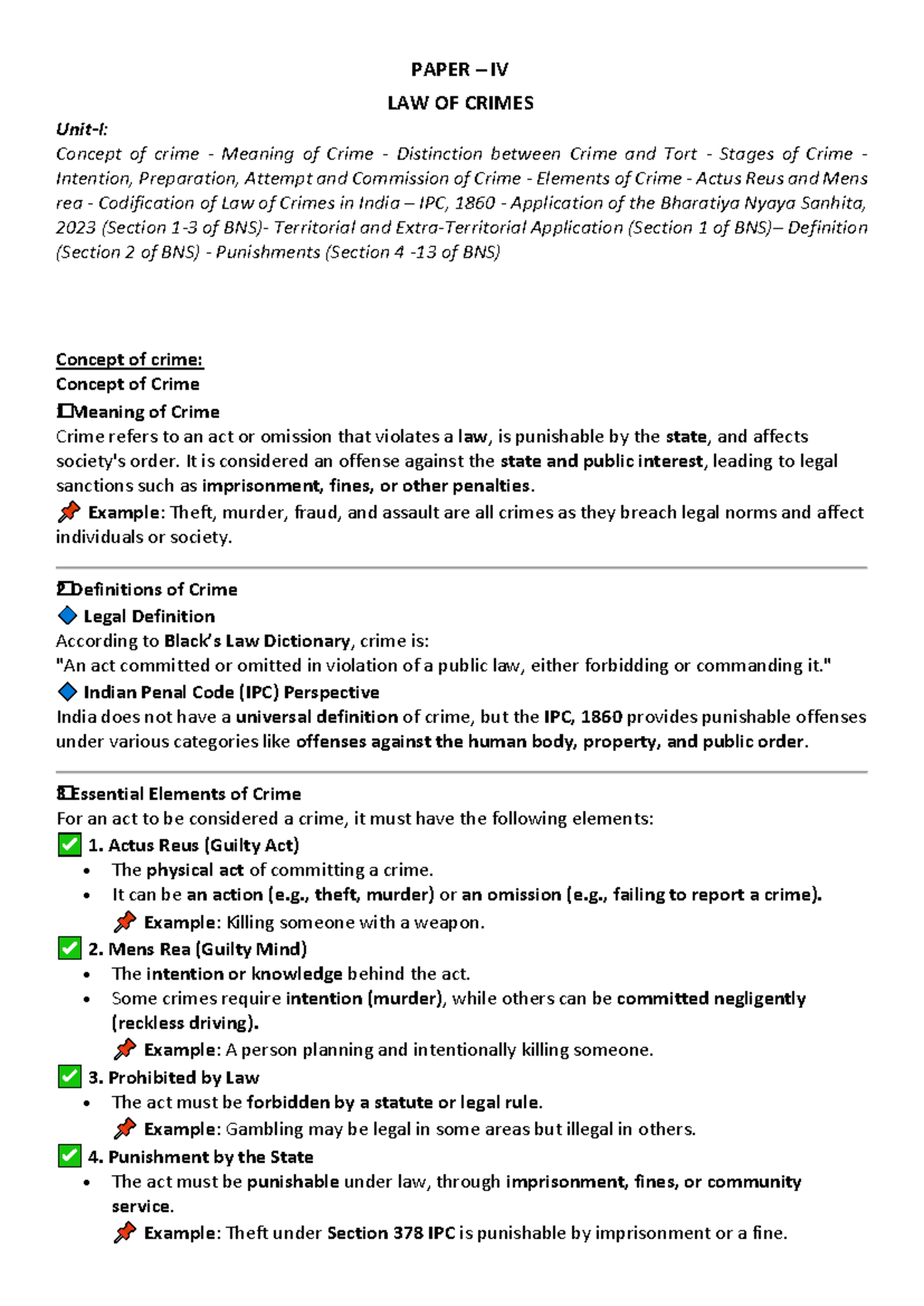 Sem 2 LAW OF CRIMES Notes: Concepts, Elements & Stages of Crime - Studocu