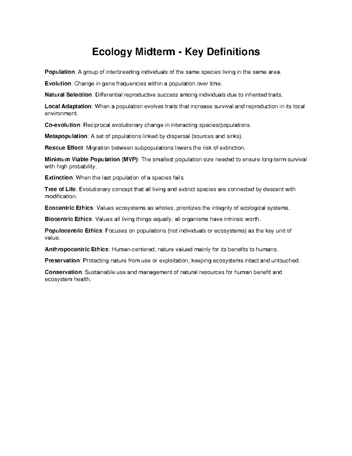 Ecology Midterm Key Definitions and Concepts - Studocu