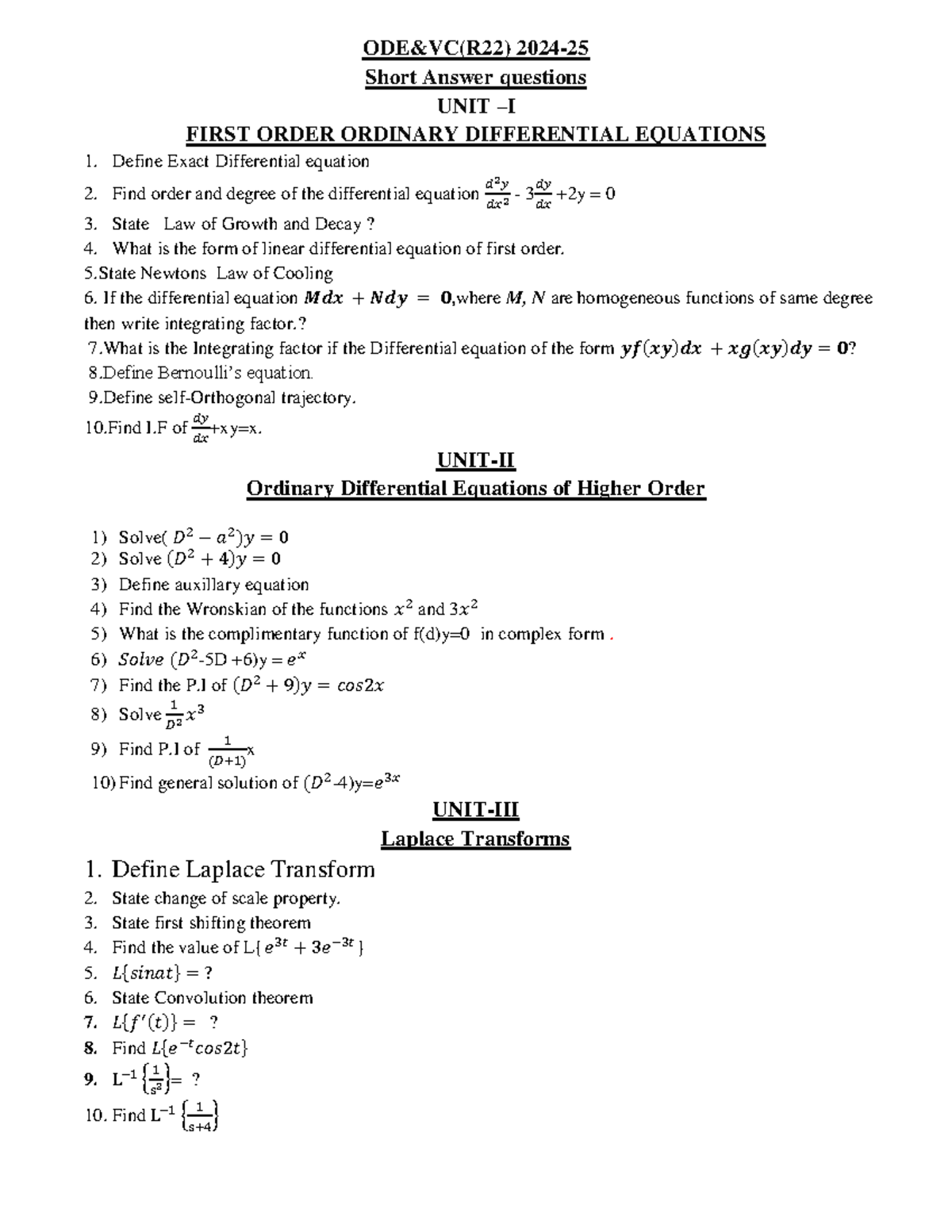 Short Answer & Long Answer Questions on ODEs & Vector Calculus (MATH 101) - Studocu