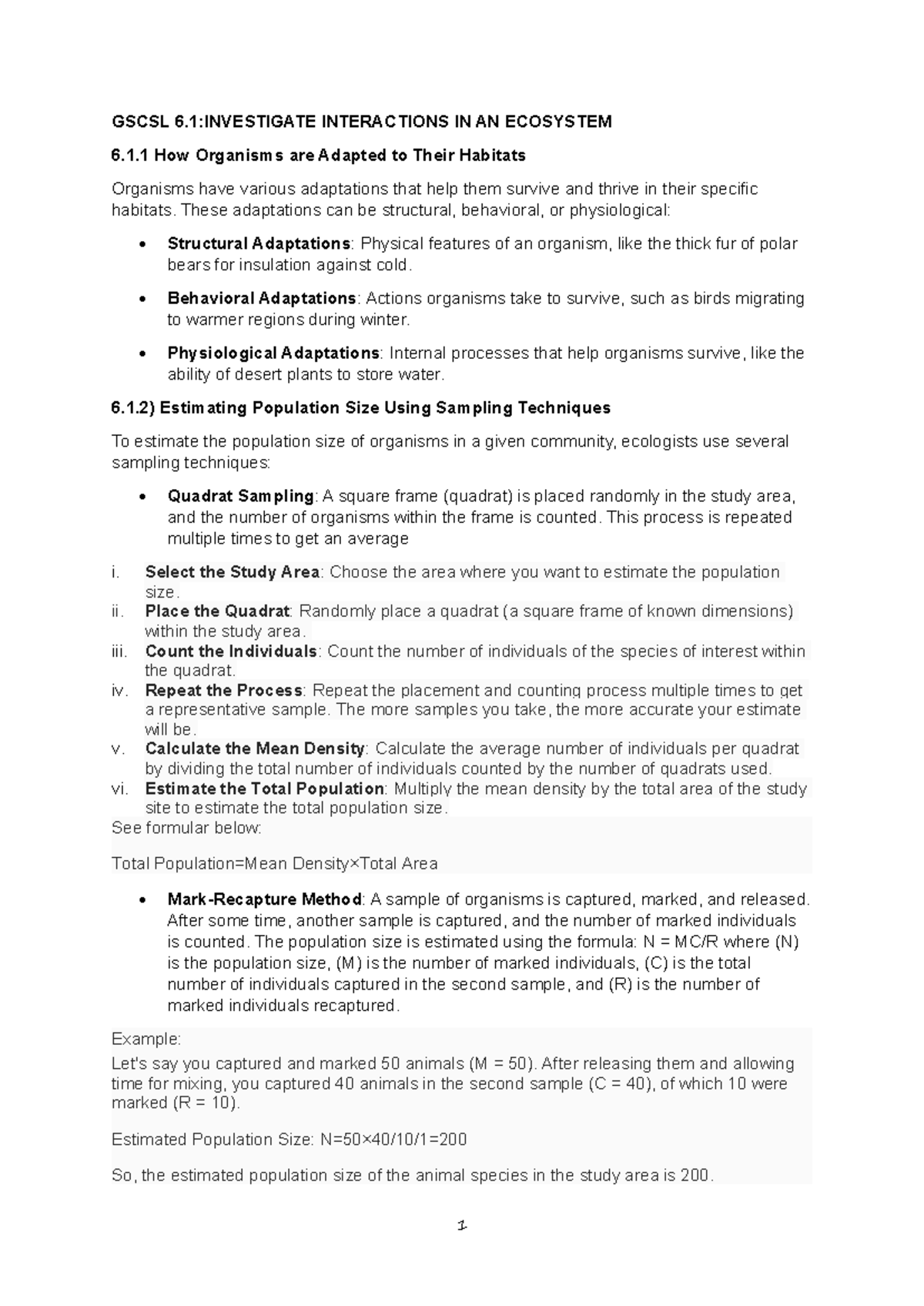 GSCSL 6.1: Ecosystem Interactions and Adaptations Module Notes - Studocu