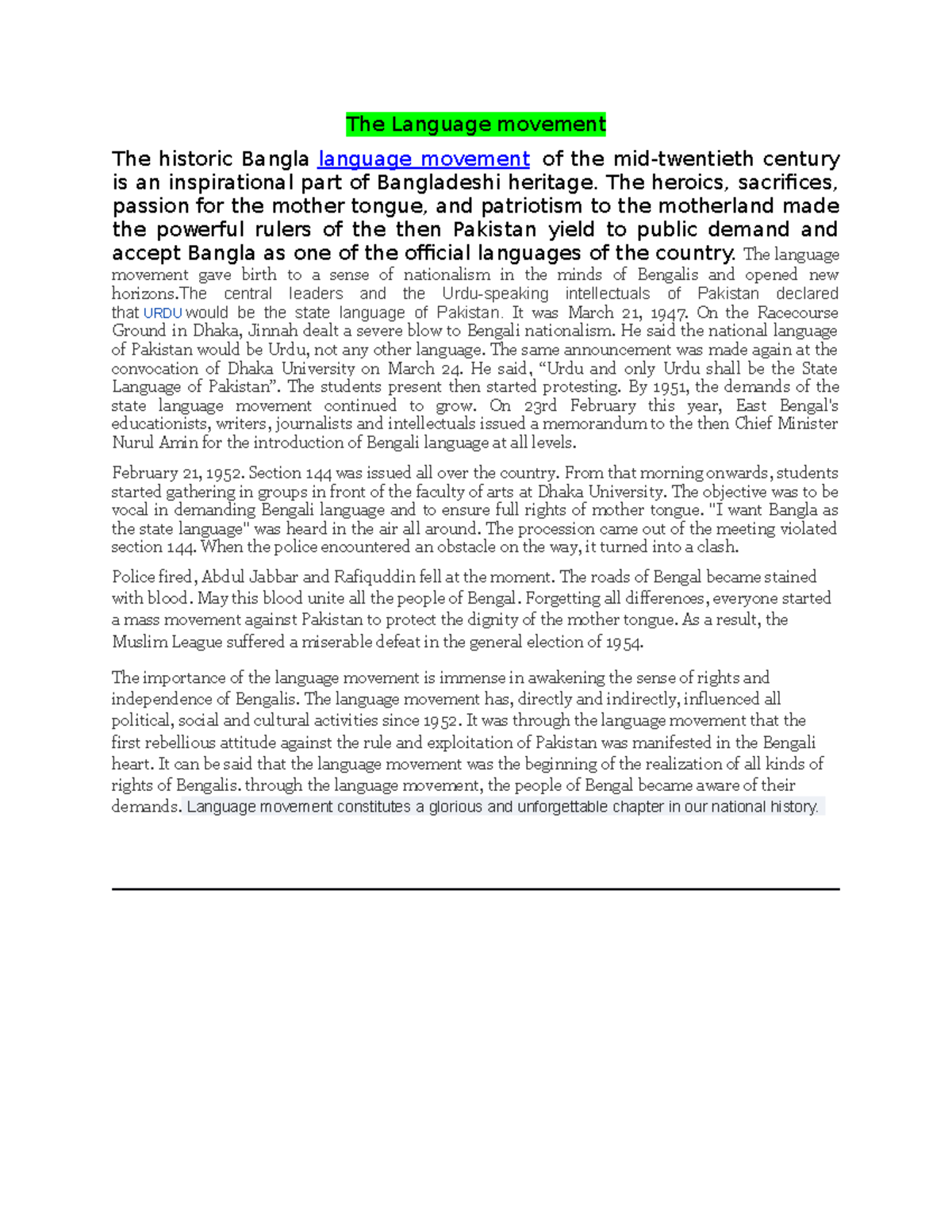 The Bangla Language Movement: A Historical Overview and Impact - Studocu