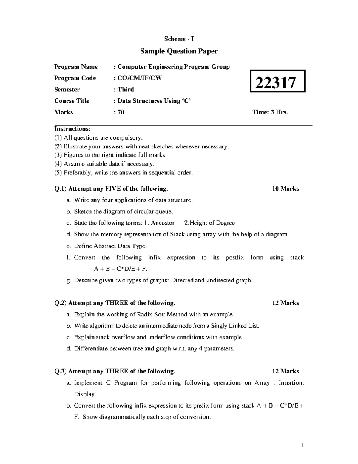 22317 Sample question paper Data Structure Using 'C' - Scheme - I Sample Question Paper Program ...
