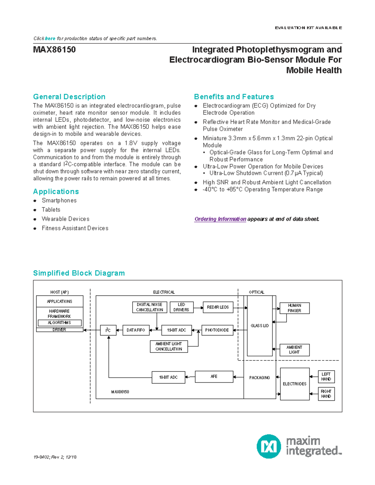 MAX86150 Integrated ECG & PPG Module Overview and Features - Studocu