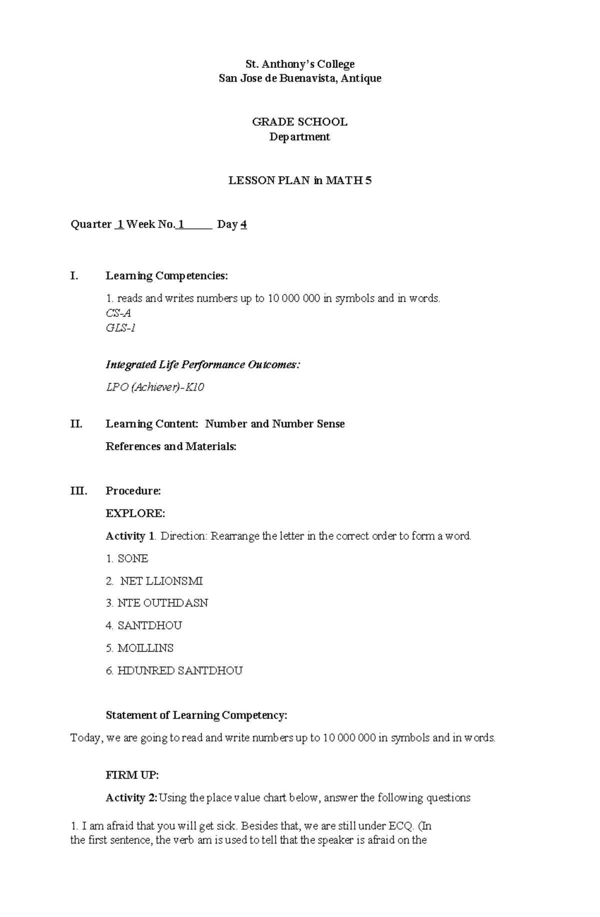 Math 5 Q1 Week 4 - Detailed Lesson Plan on Numbers and Place Value ...