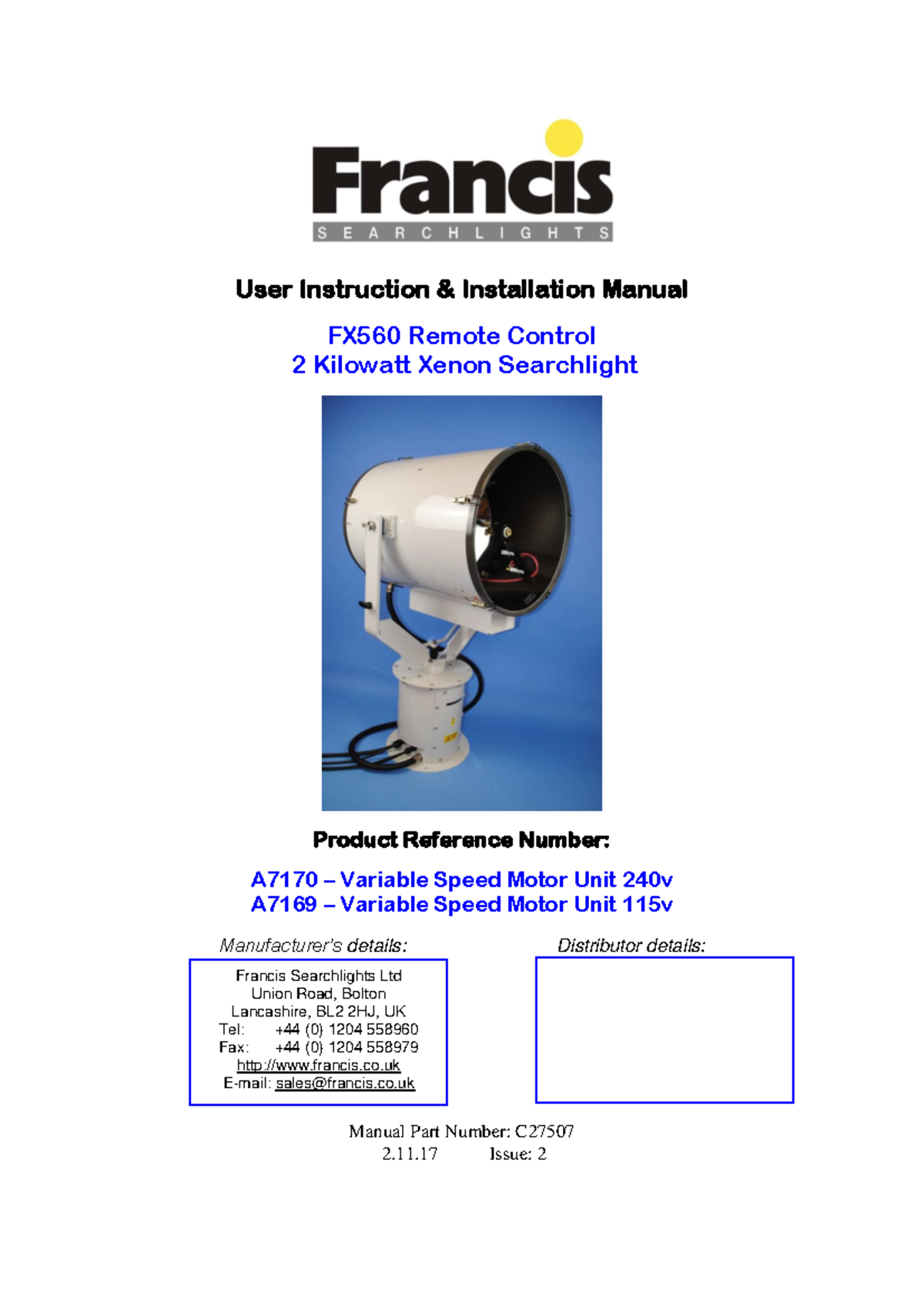 C27507 FX560RC 2KW Remote Control Searchlight Manual - Studocu