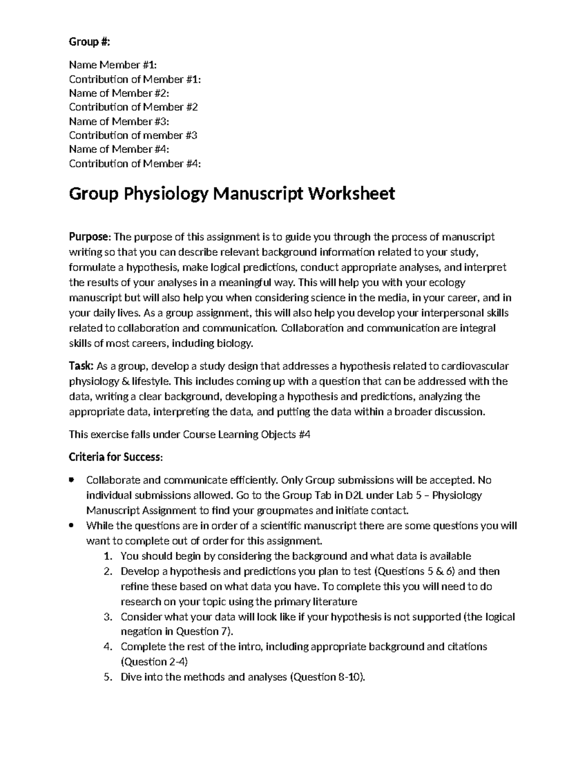 S25 BIOL 1108L Group Physiology Manuscript Contribution Worksheet - Studocu