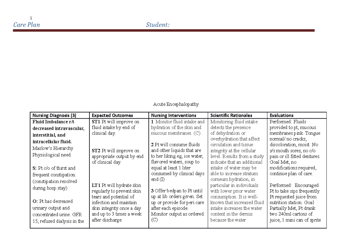 Med Surg II - Care Plan for Acute Encephalopathy & Management - Studocu