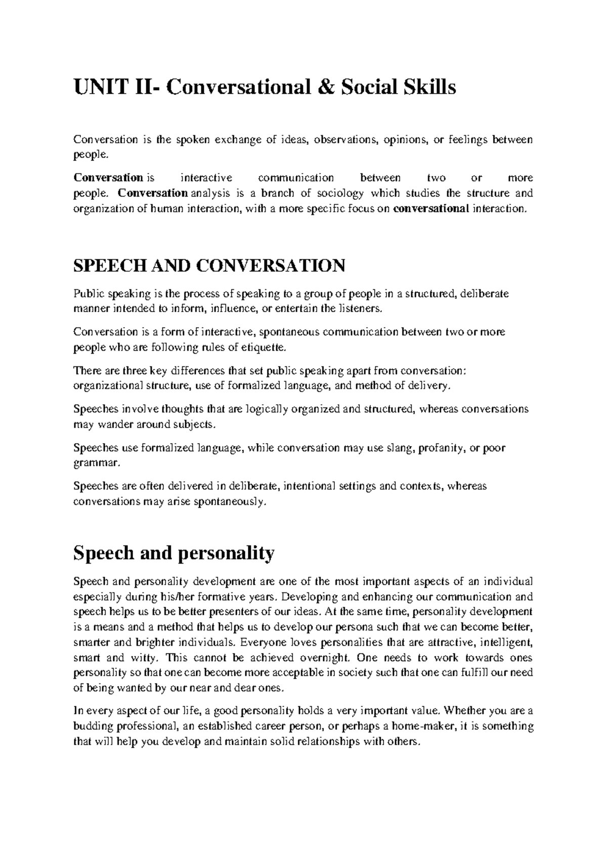 Soft Skills Unit 2: Enhancing Conversational and Social Skills - Studocu