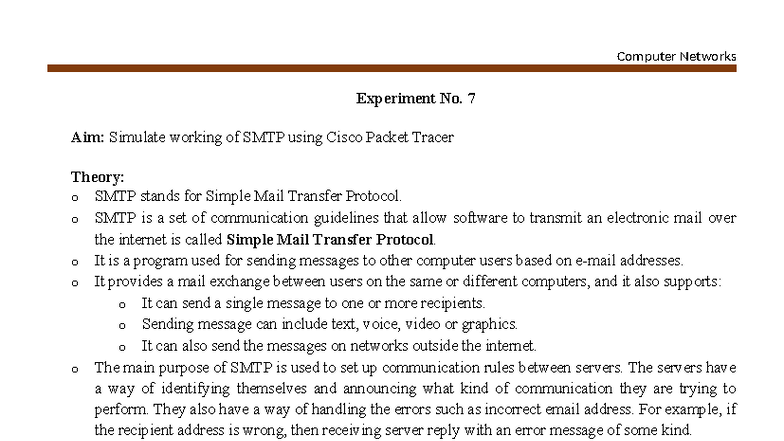 Exp. No. 7: SMTP Email Server Simulation with Cisco Packet Tracer - Studocu