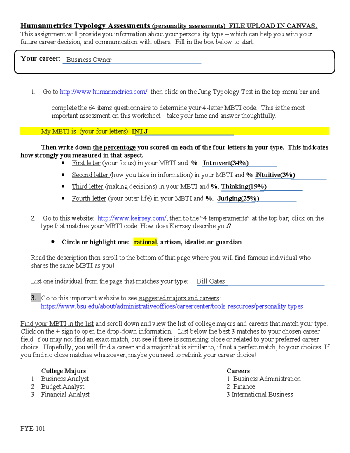 Humanmetrics MBTI FYE101- Fa23 - Humanmetrics Typology Assessments ...