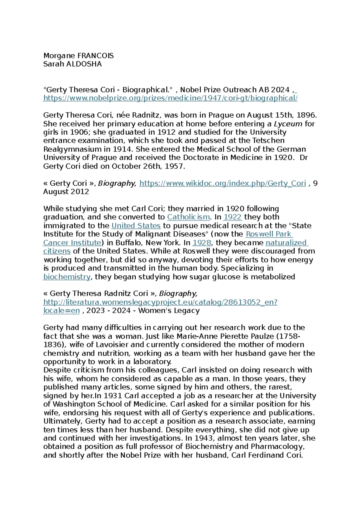 Gerty Theresa Cori: Biographical Insights and Achievements - Studocu