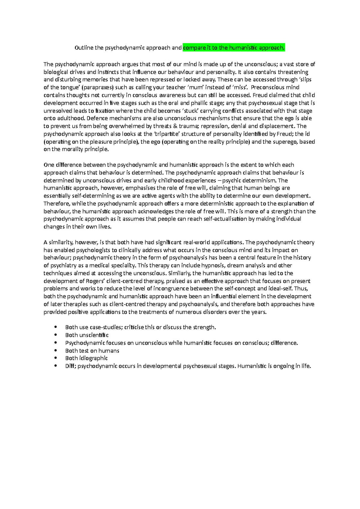 Comparing the Psychodynamic vs. Humanistic Approach in Psychology - Studocu
