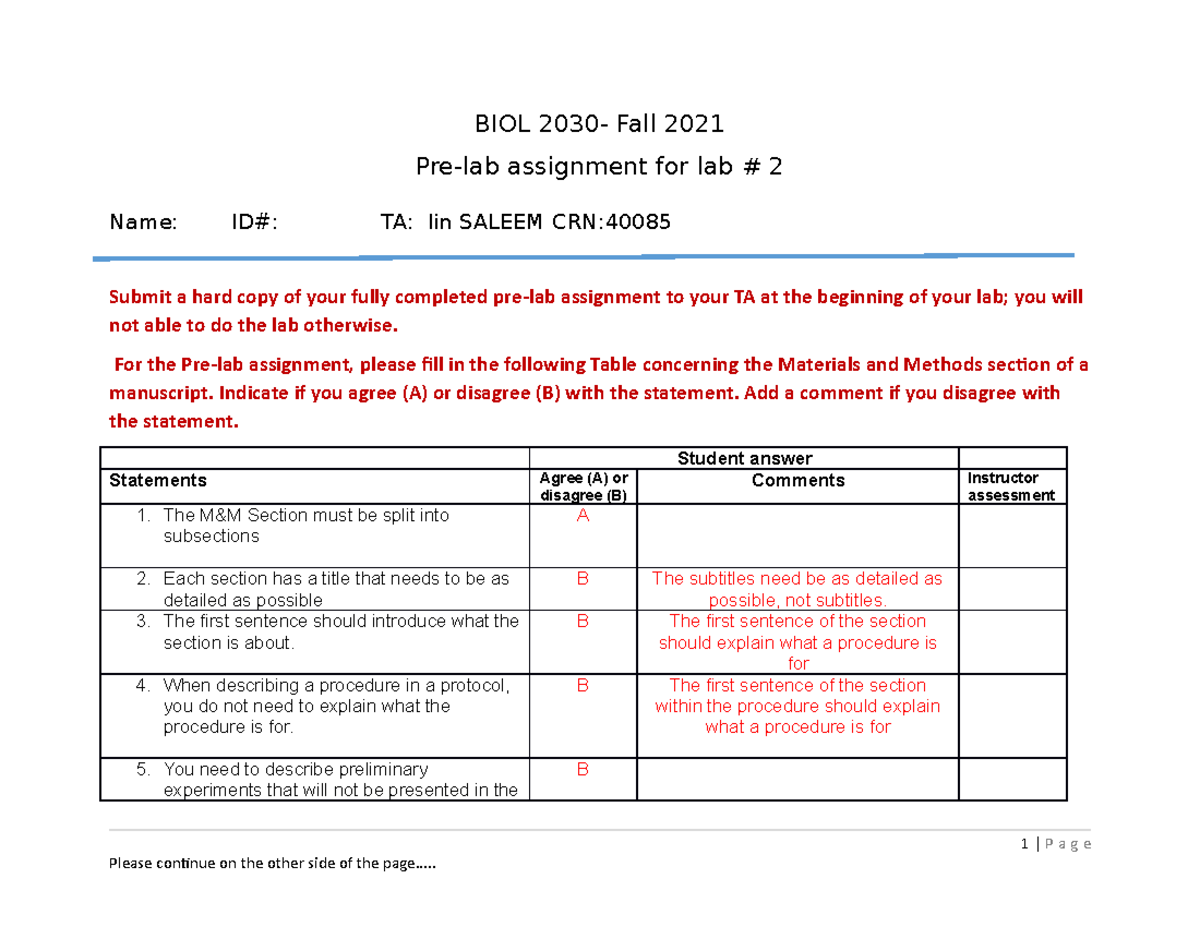 Biol 2030- Lab 2- Pre-Lab Assignment- F2021 - BIOL 2030- Fall 2021 Pre ...