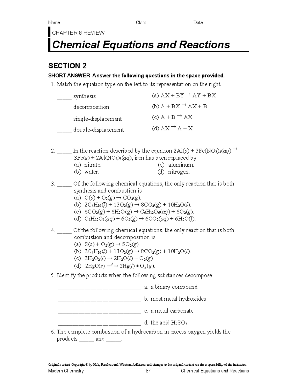 CHAPTER 8 REVIEW: Chemical Equations & Reactions Practice E - Studocu