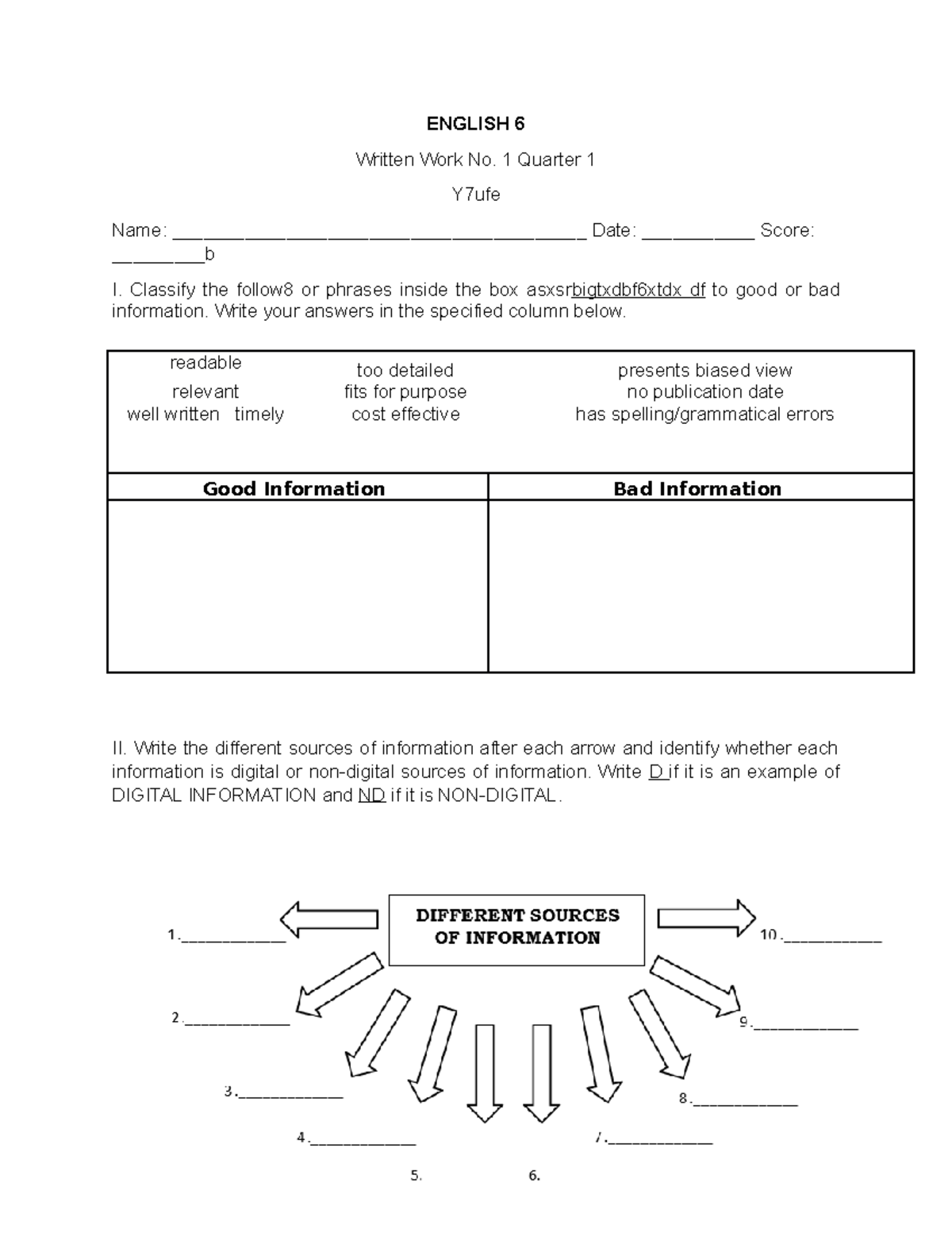 Summative Test English 6: Evaluating Good vs Bad Information - Studocu
