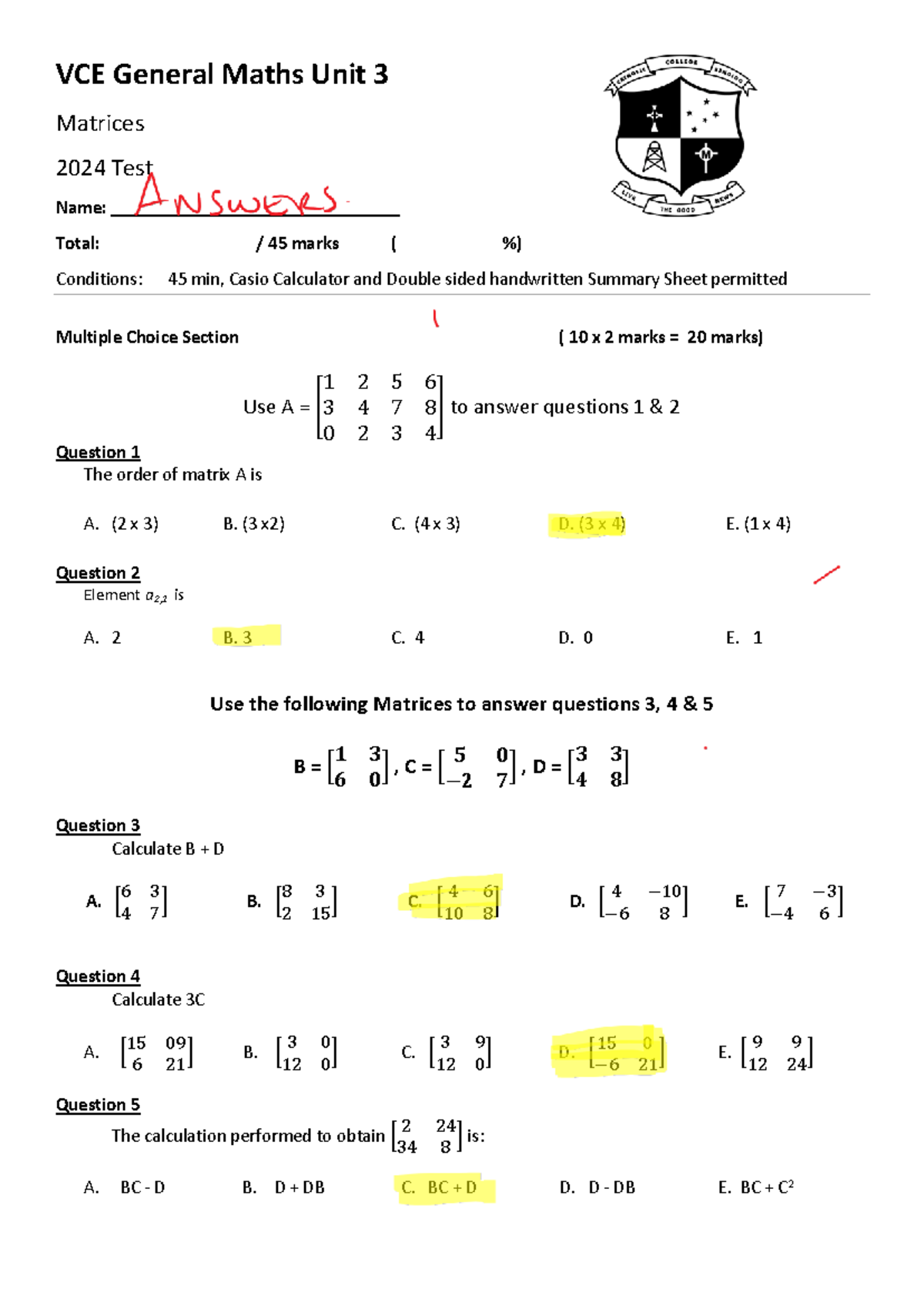 VCE General Maths Unit 3 Matrices 2024 Test Answers - Studocu