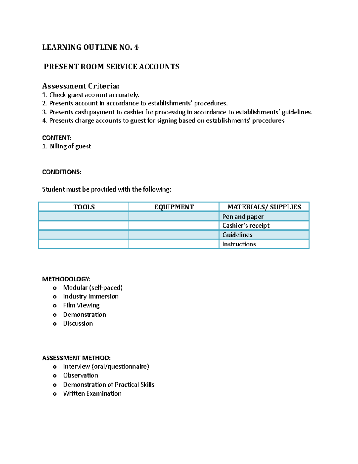 Learning Outline No. 4: Presenting Room Service Accounts - Studocu