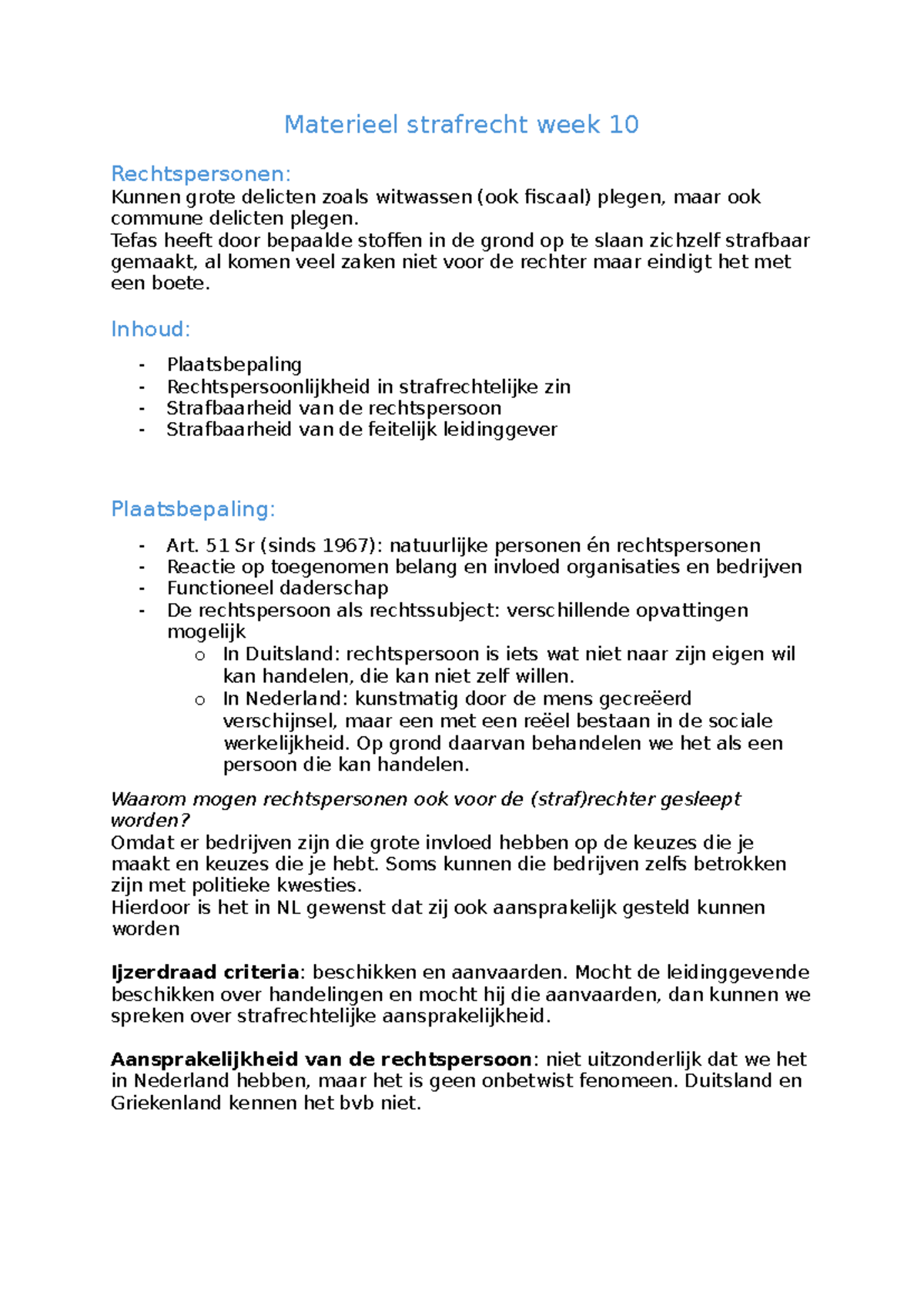 Materieel Strafrecht Week 10: Rechtspersoonlijkheid en ...