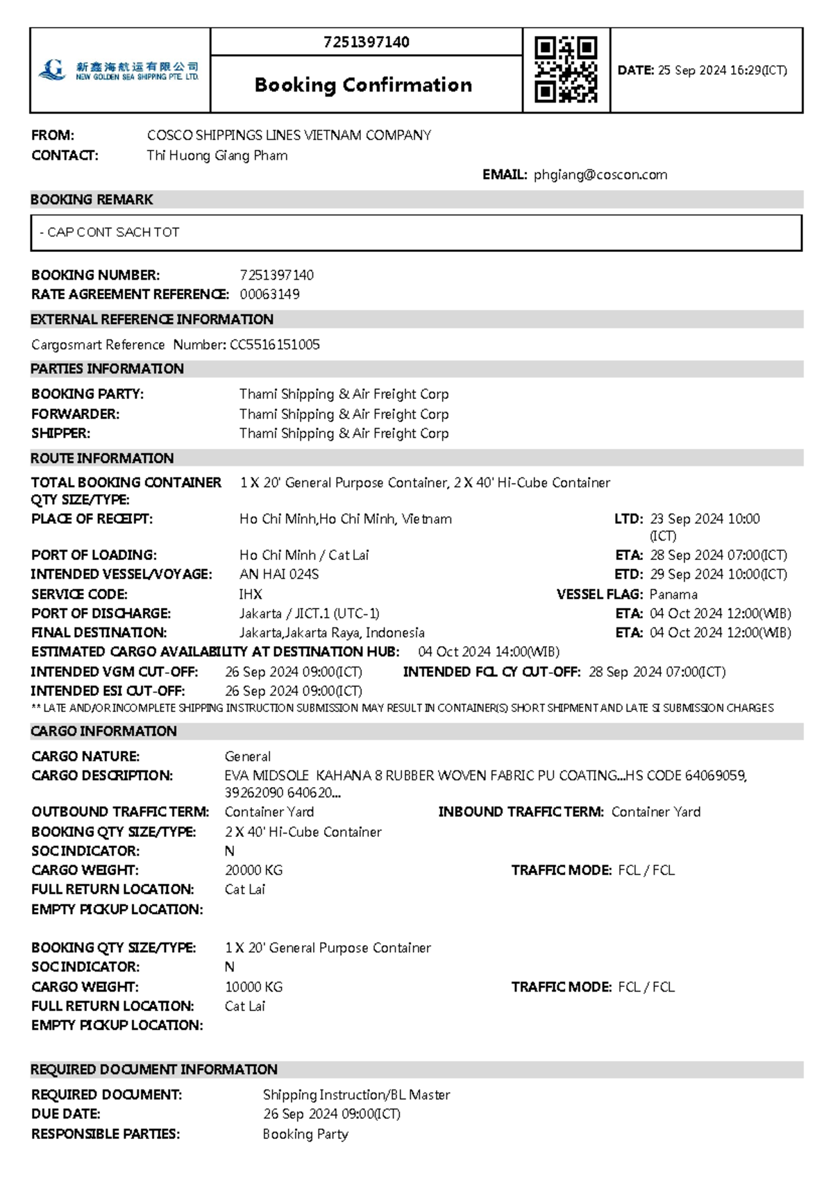 7251397140 Booking Confirmation for Container Shipment Details - Studocu