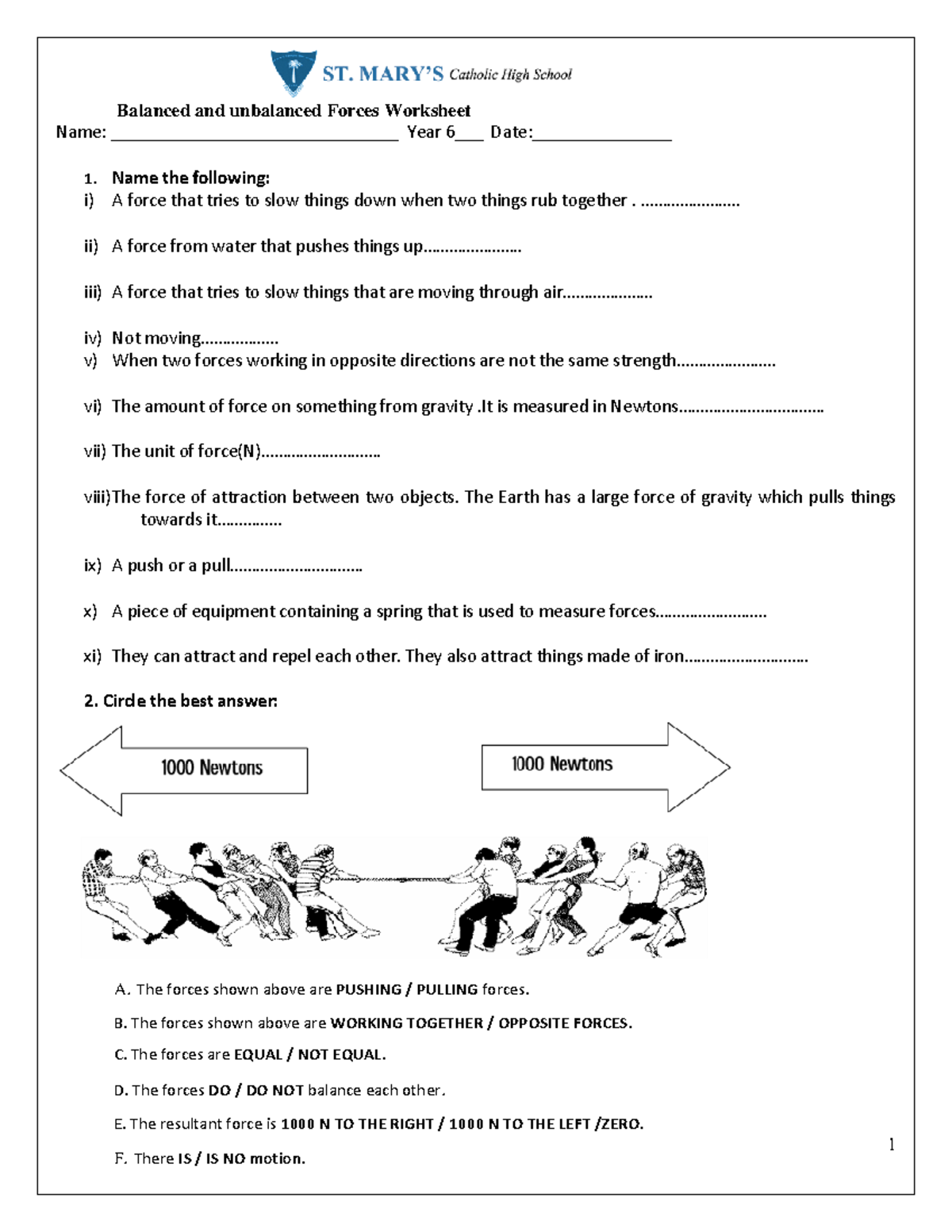 Balanced and Unbalanced Forces Worksheet - Year 6 Activities - Studocu