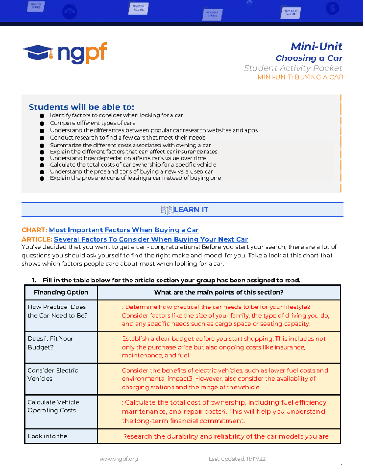 Mini-Unit: Buying a Car - Key Factors & Costs (Activity Packet) - Studocu