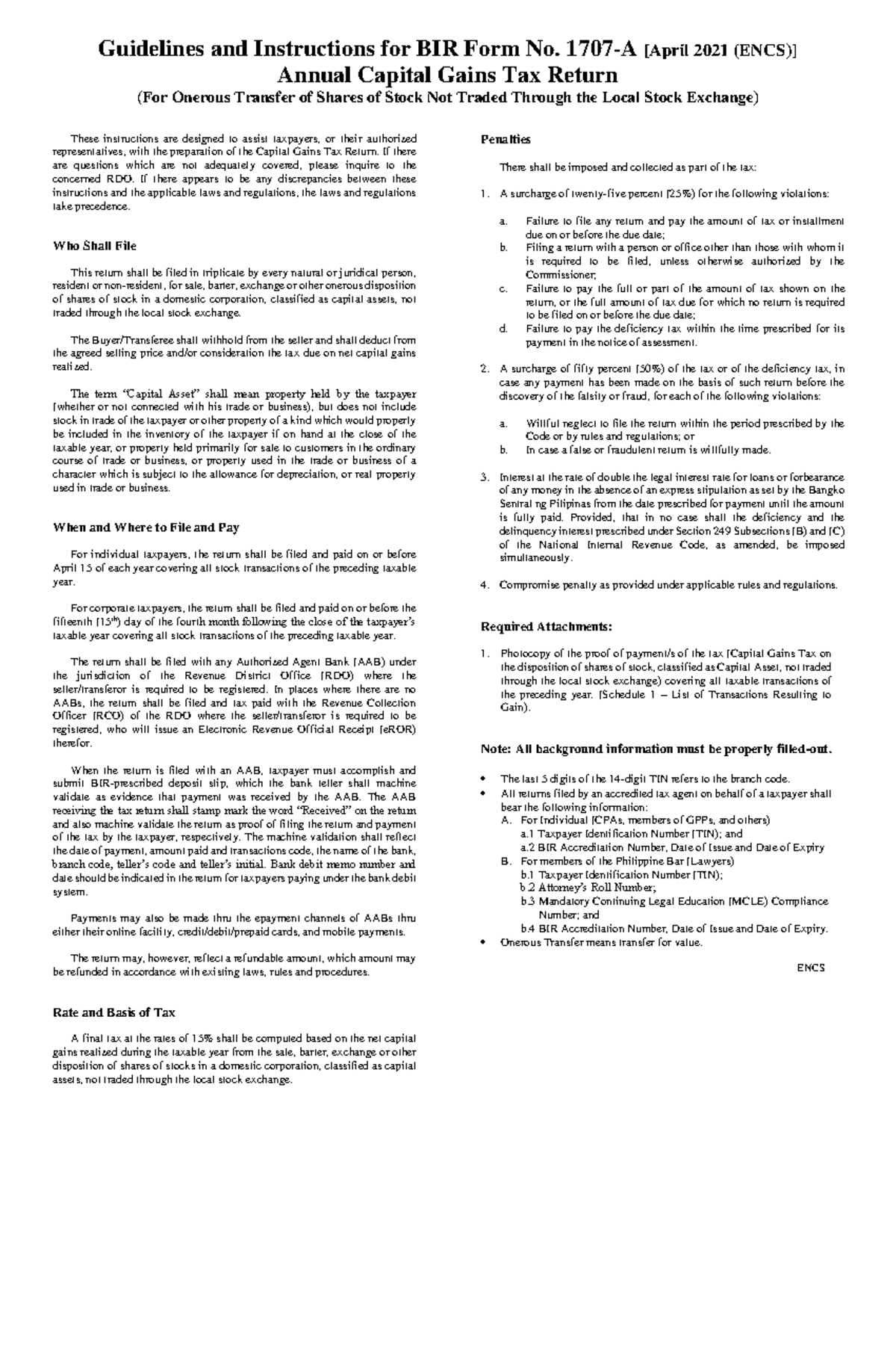 Guidelines for BIR Form 1707-A: 2021 Capital Gains Tax Return - Studocu