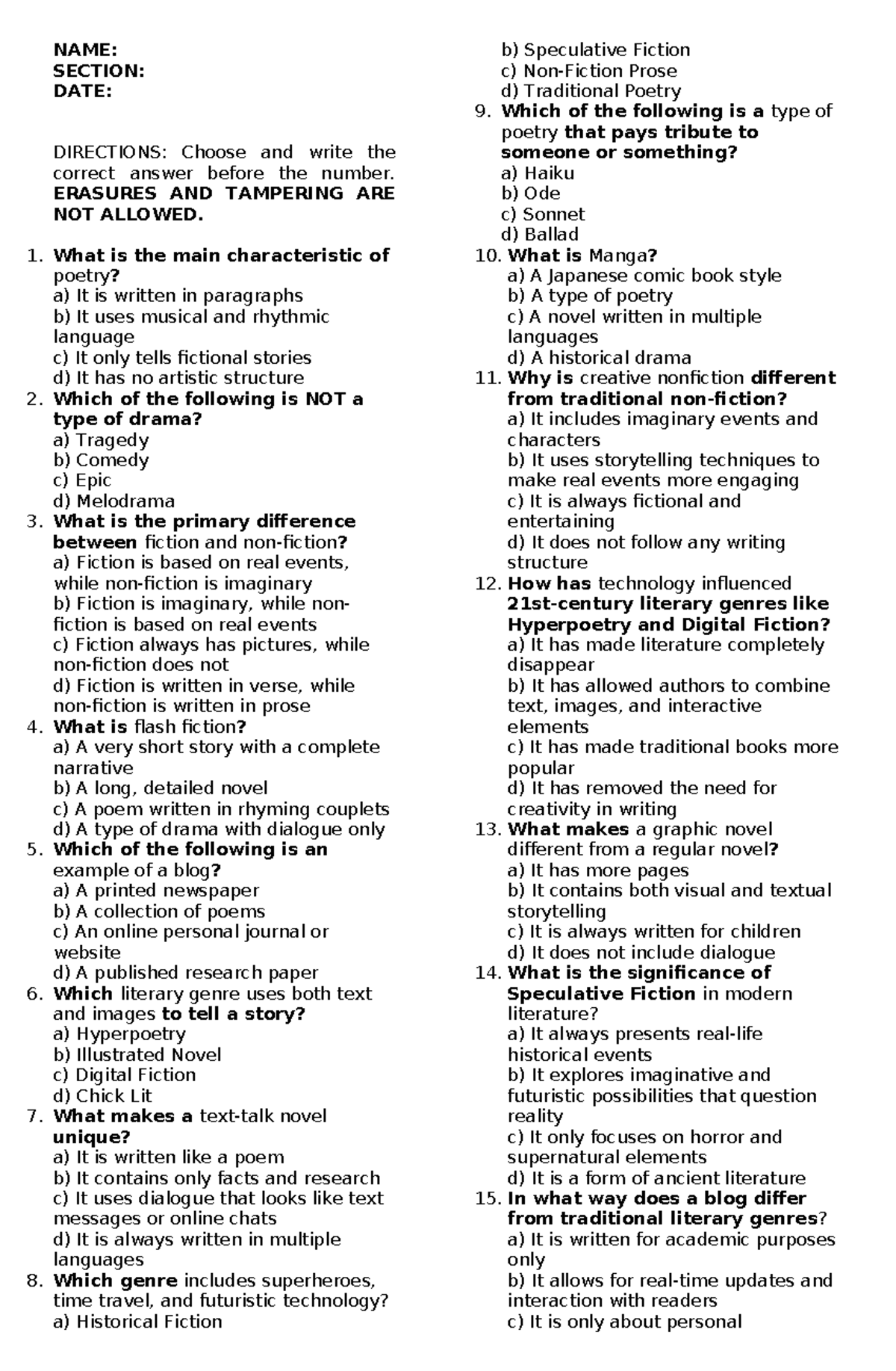 QUIZ LIT 101 - Exploring Literary Genres and Their Characteristics ...