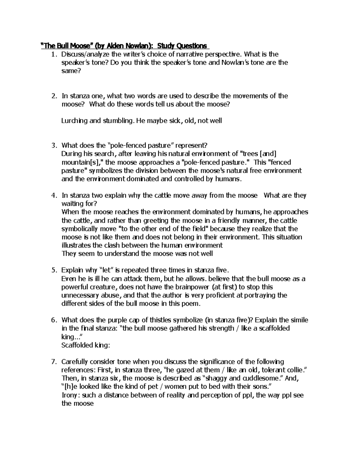 Eng 102 The Bull Moose By Alden Nowlan Study Questions And