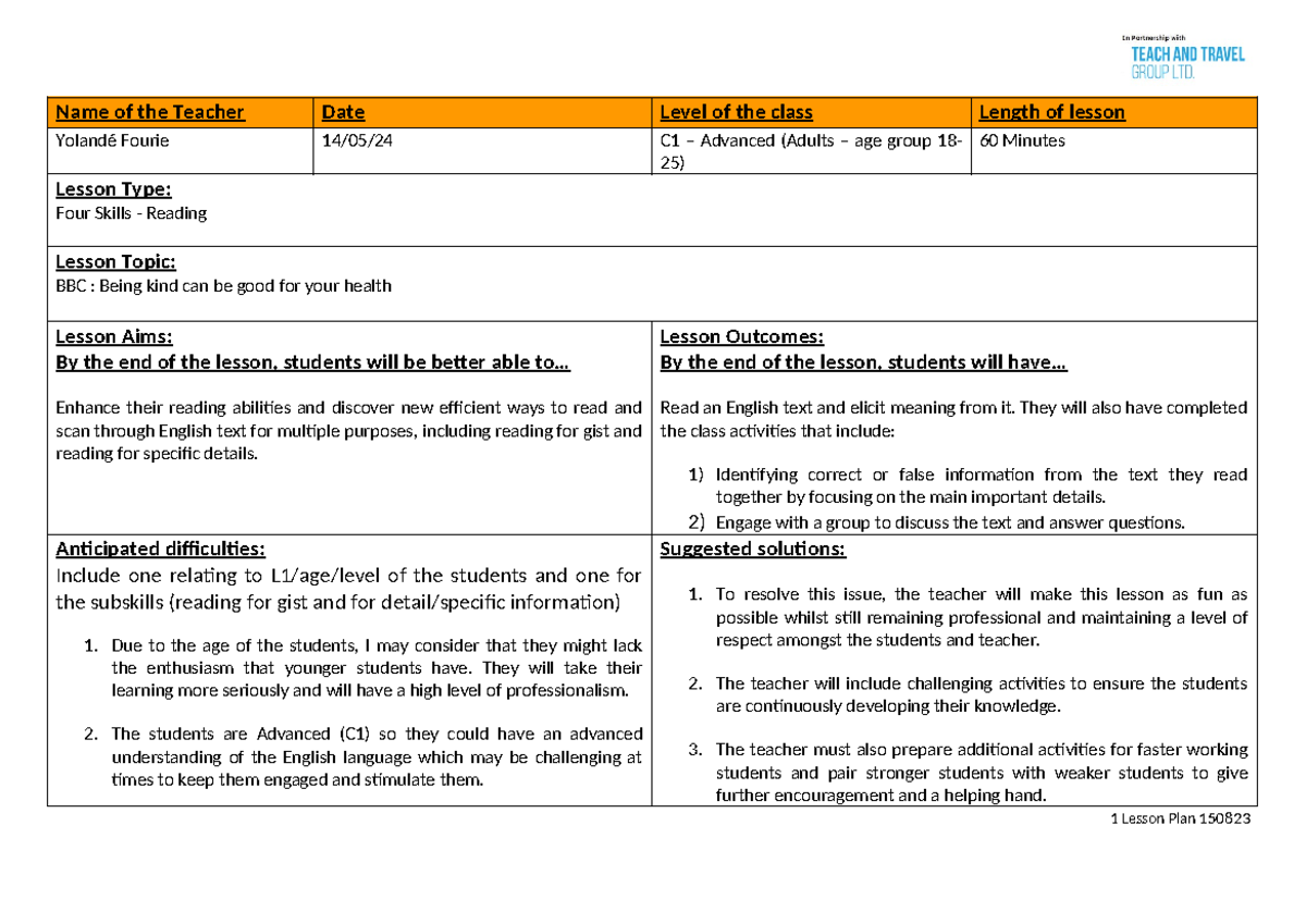 Yolande Fourie - C1 Lesson Plan - Four Skills - Reading on Kindness ...