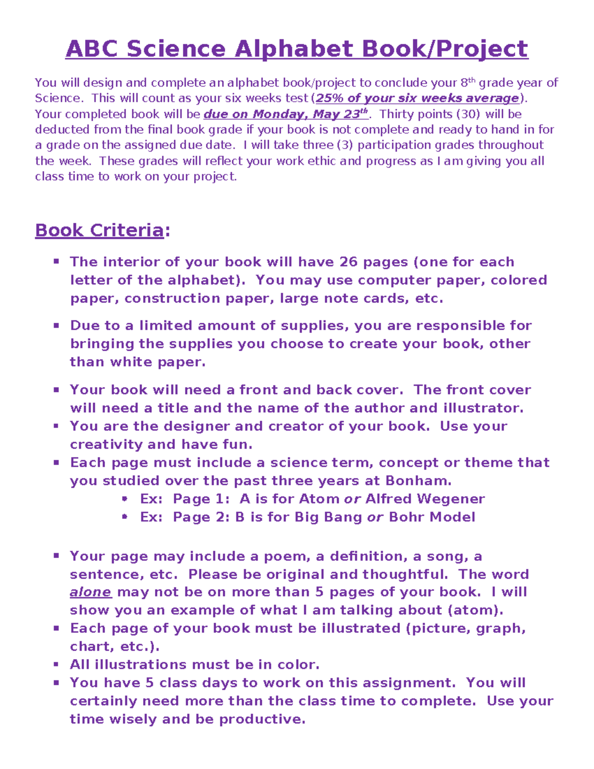 8th Grade Science Alphabet Project Guidelines and Grading Rubric - Studocu