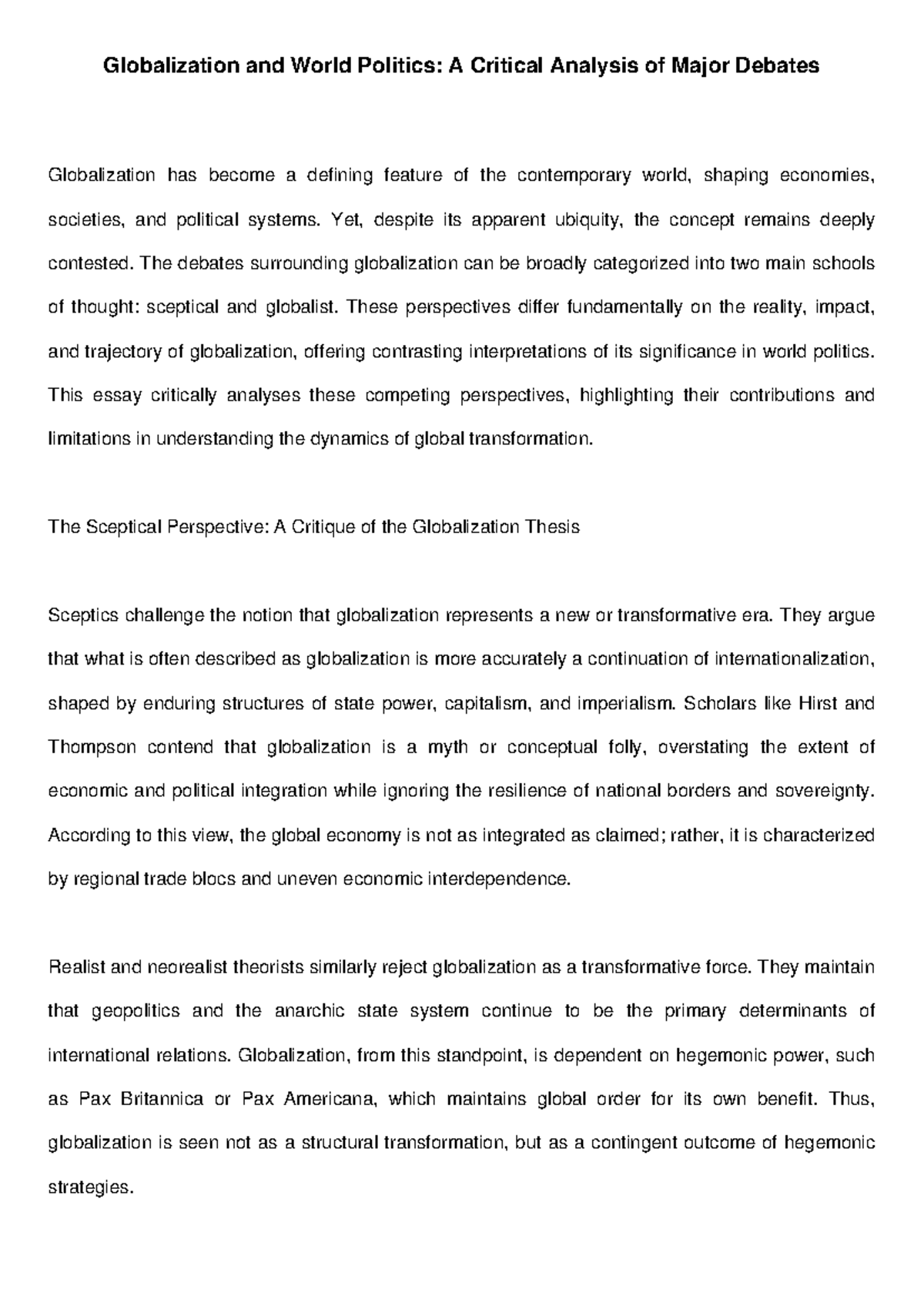 Globalization and World Politics: A Critical Essay Analysis (POL 101 ...