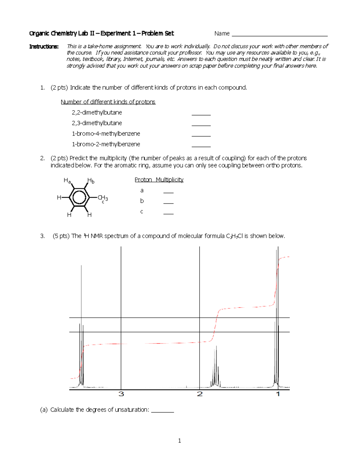 1H NMR Problem Set - Practice Exam Material - Organic Chemistry Lab II – Experiment 1 – Problem ...
