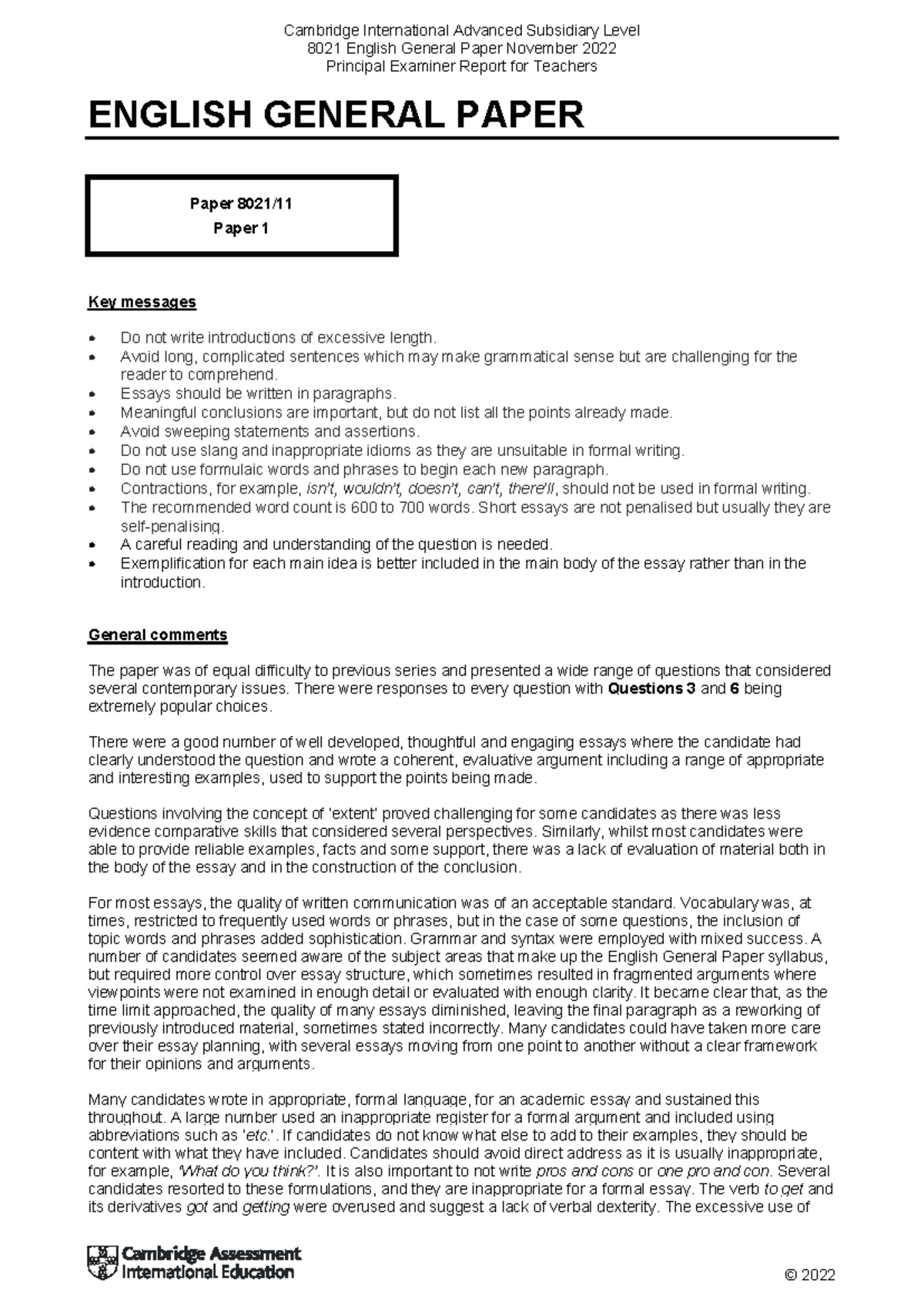 Cambridge International AS Level 8021 English General Paper Nov 2022 ...