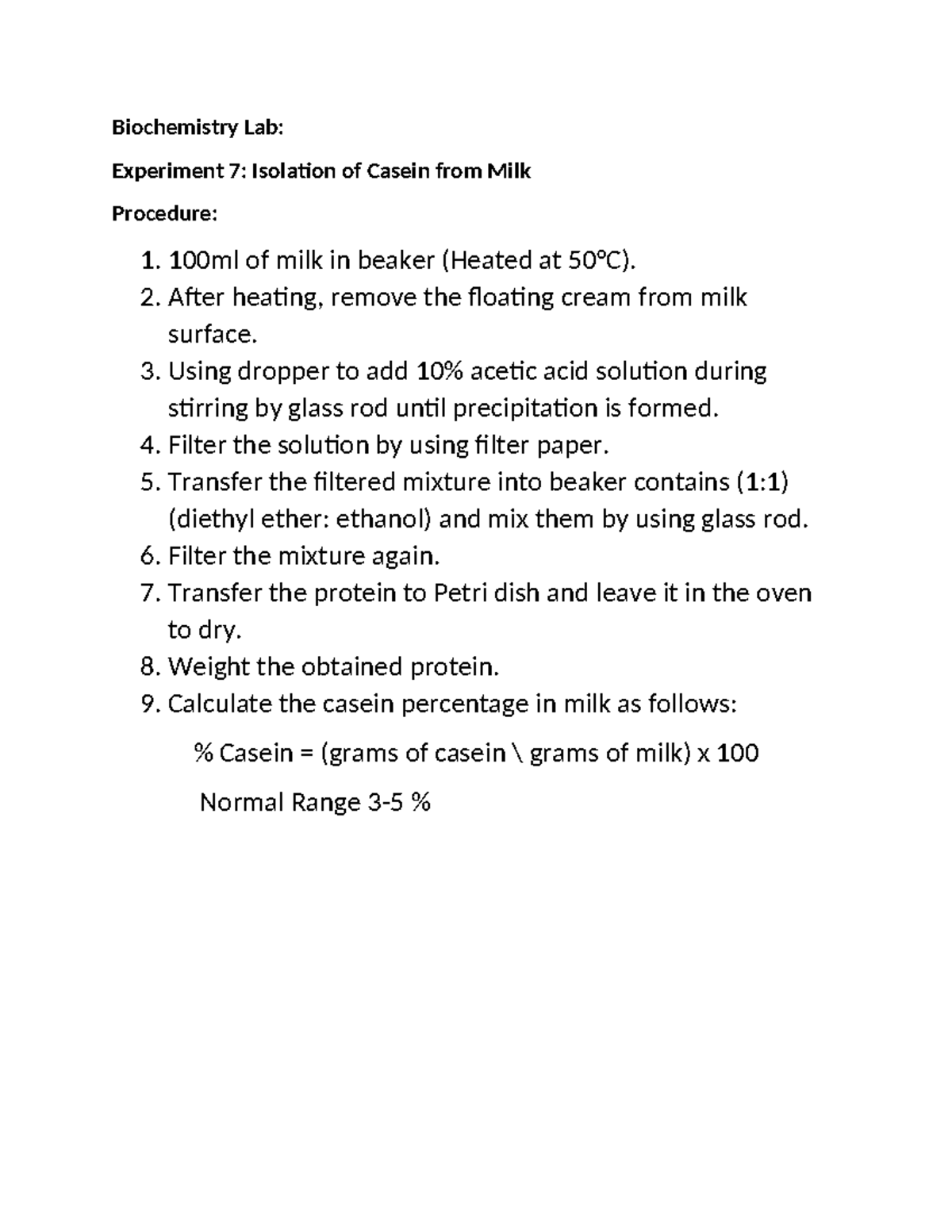 Biochemistry Lab: EXP7 - Casein Isolation from Milk Procedure - Studocu