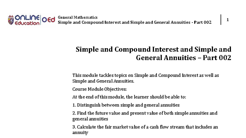 General Mathematics: Key Concepts of Simple & Compound Interest and ...