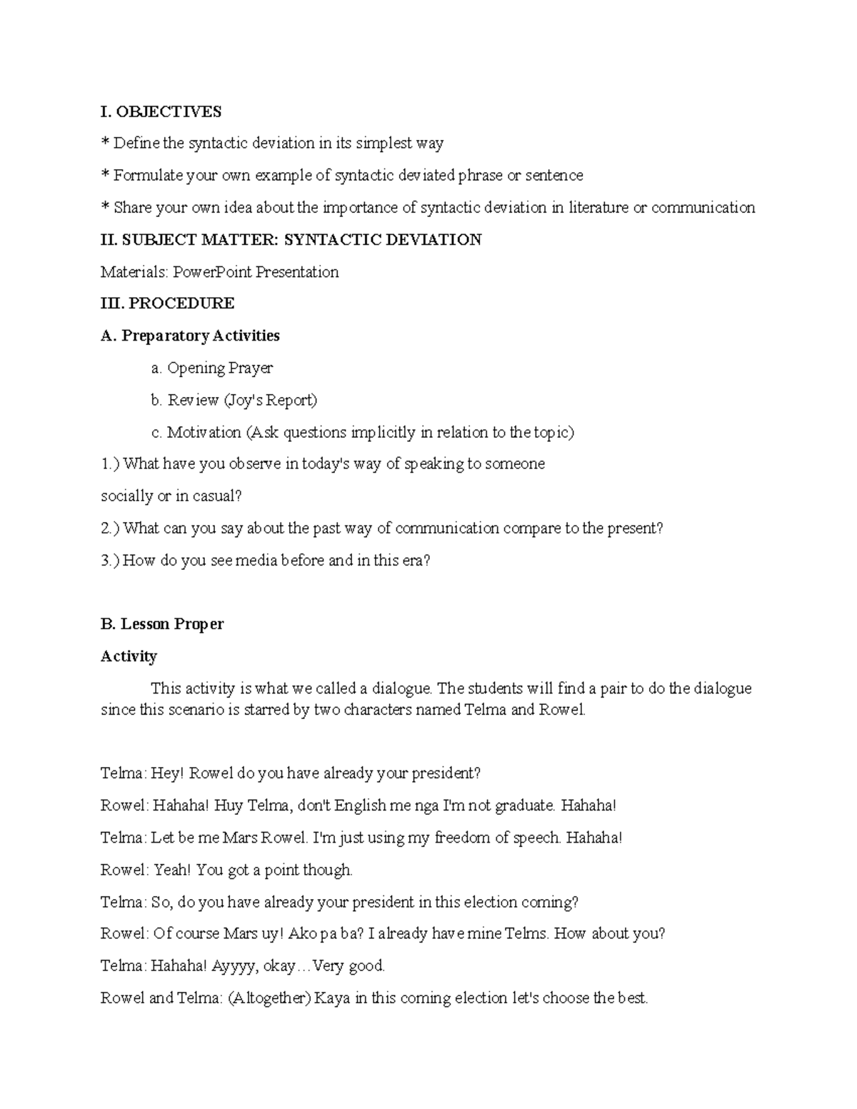 Lesson Plan: Exploring Syntactic Deviation in Communication - Studocu