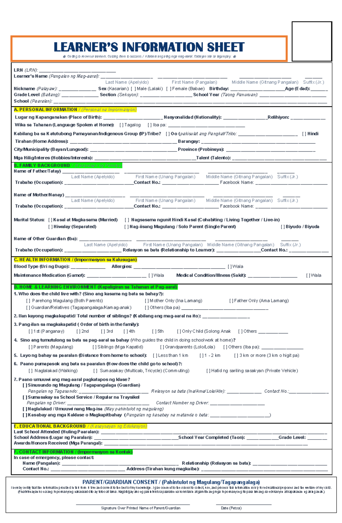 LRN Learner's Information Sheet: Personal & Family Details - Studocu