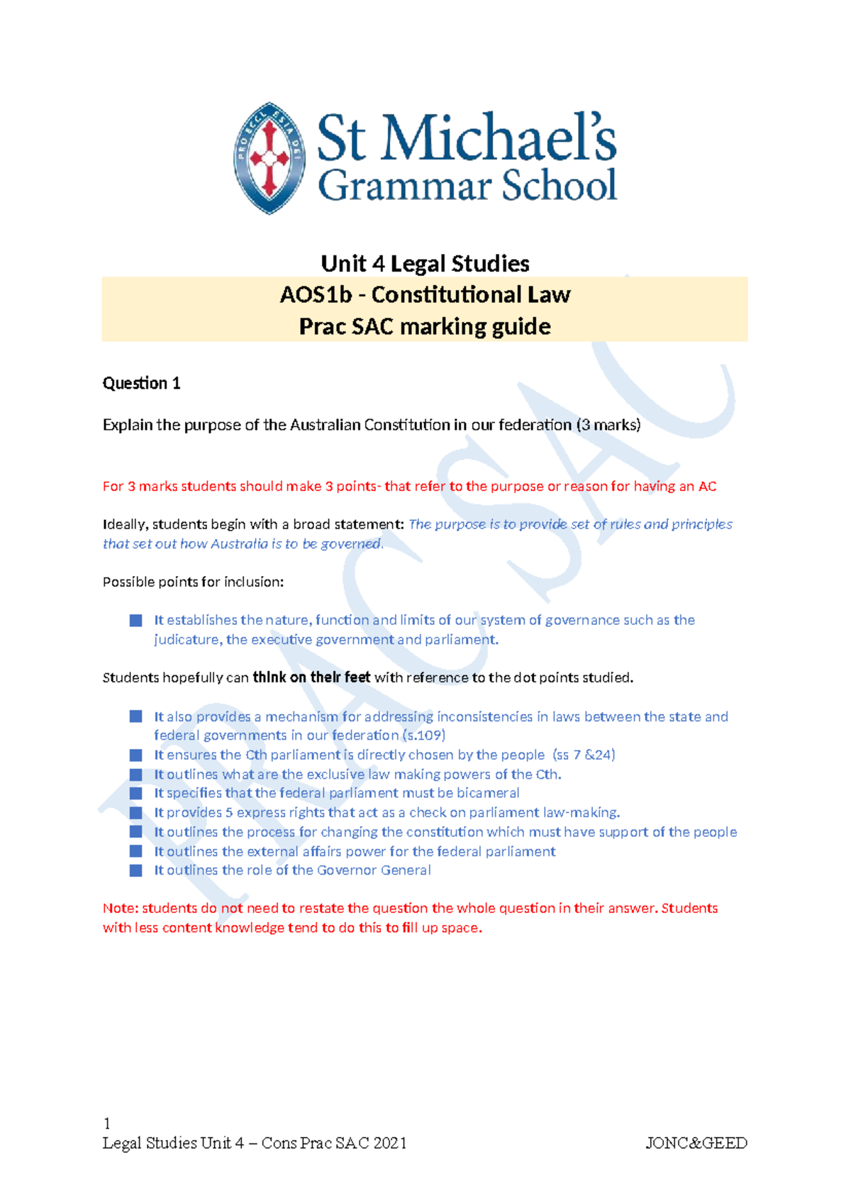 U4 Legal Studies AOS1b Constitutional Law Prac SAC Marking Guide - Studocu